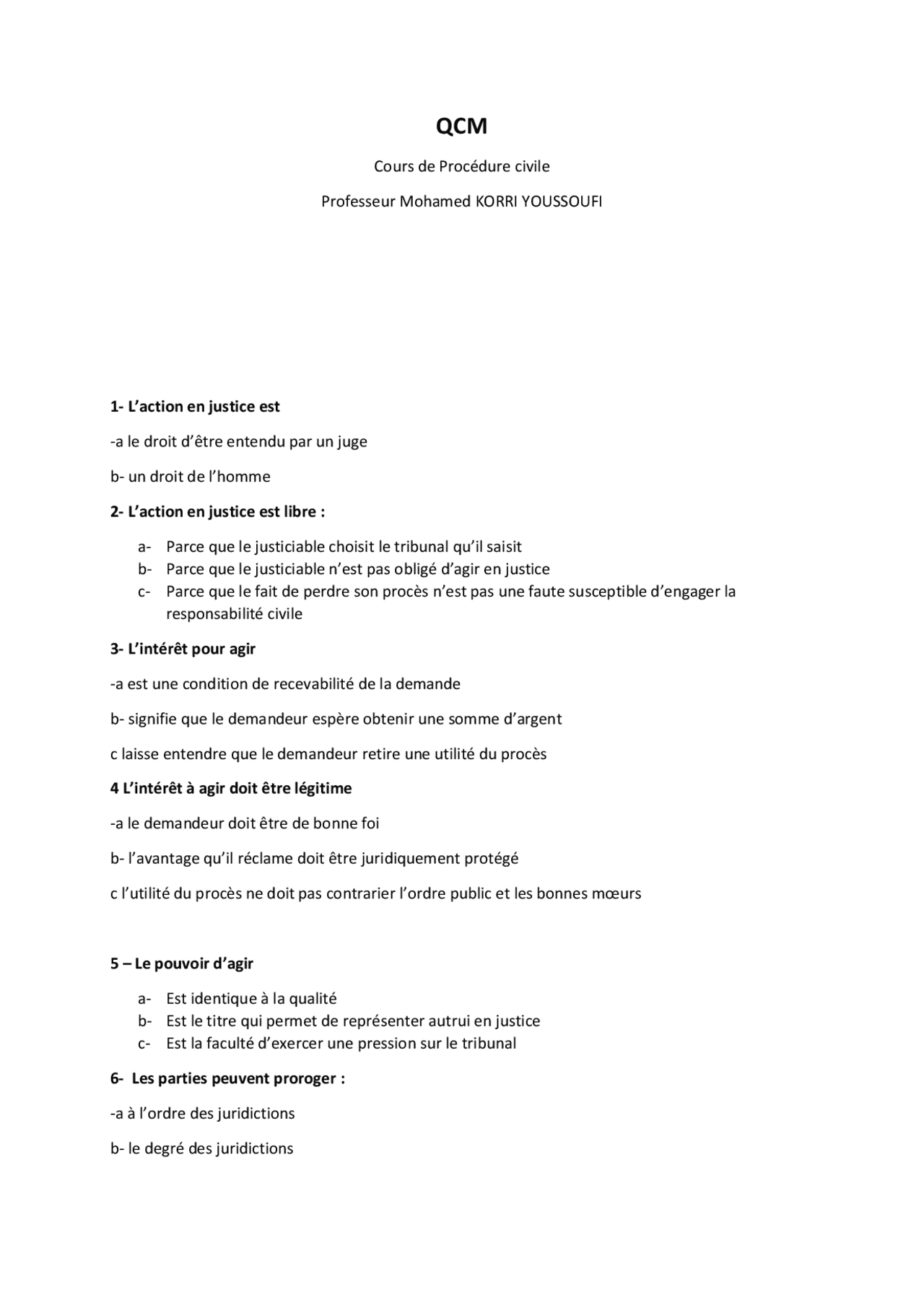 Questionnaire De Procédure Civile Exercices Procédure Civile Docsity
