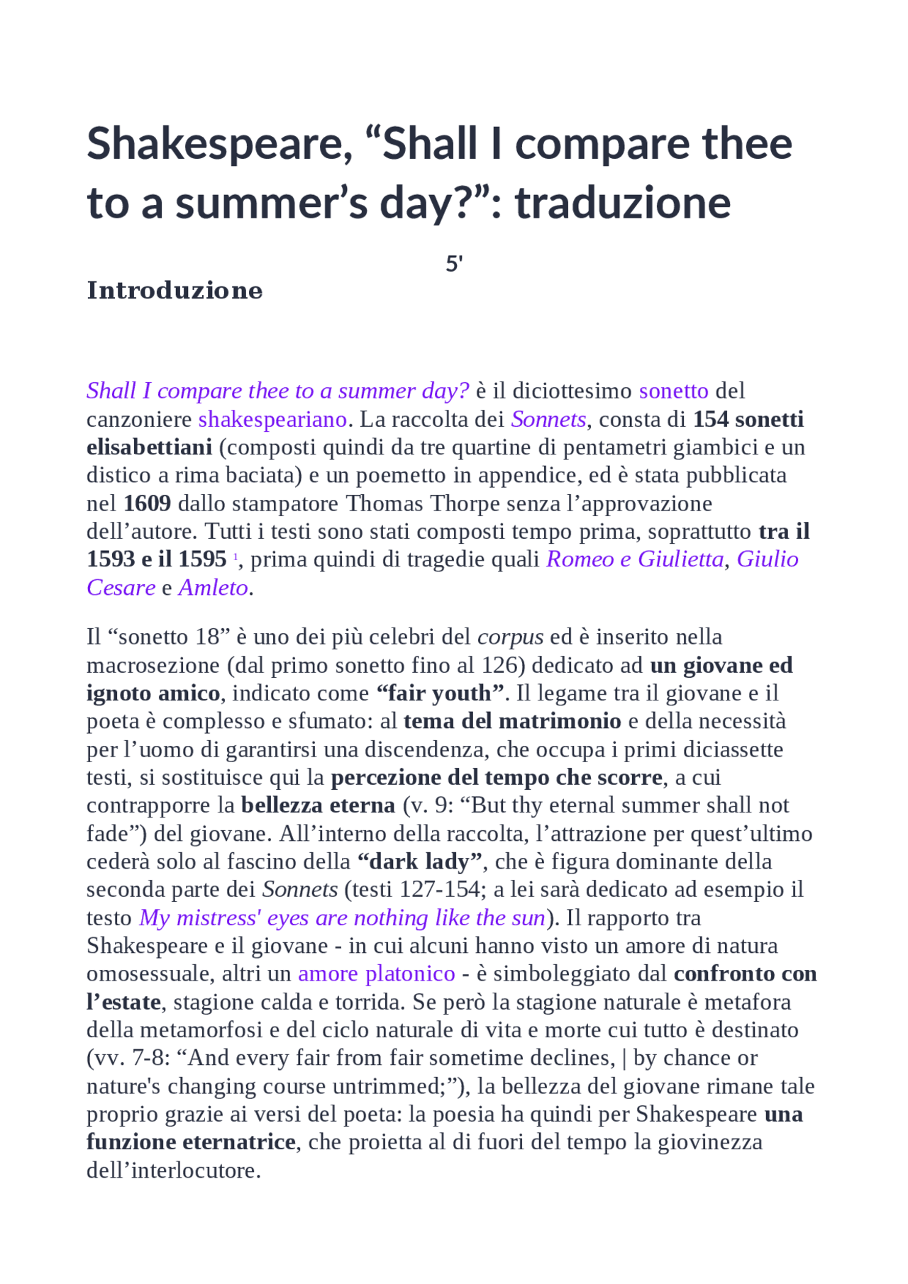 Shakespeare, “Shall I compare thee to a summer’s day” - Docsity