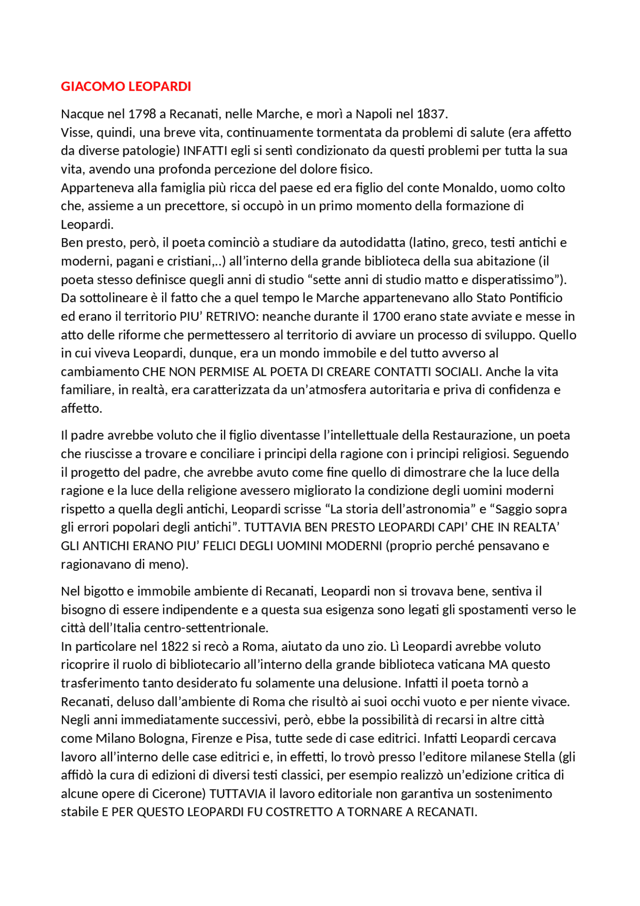 GIACOMO LEOPARDI, BIOGRAFIA E PRODUZIONE - Docsity