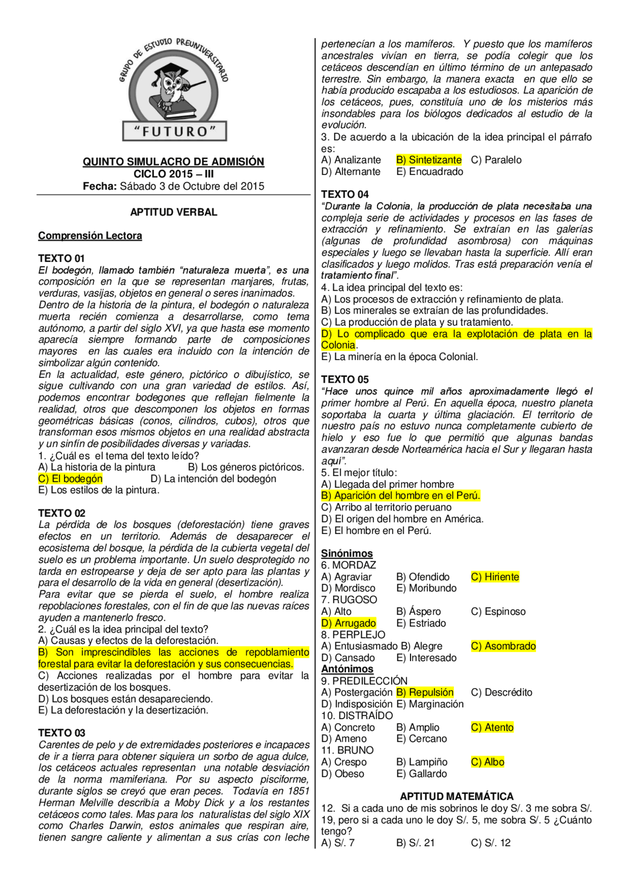 Simulacro de preguntas | Exámenes selectividad de Matemáticas - Docsity