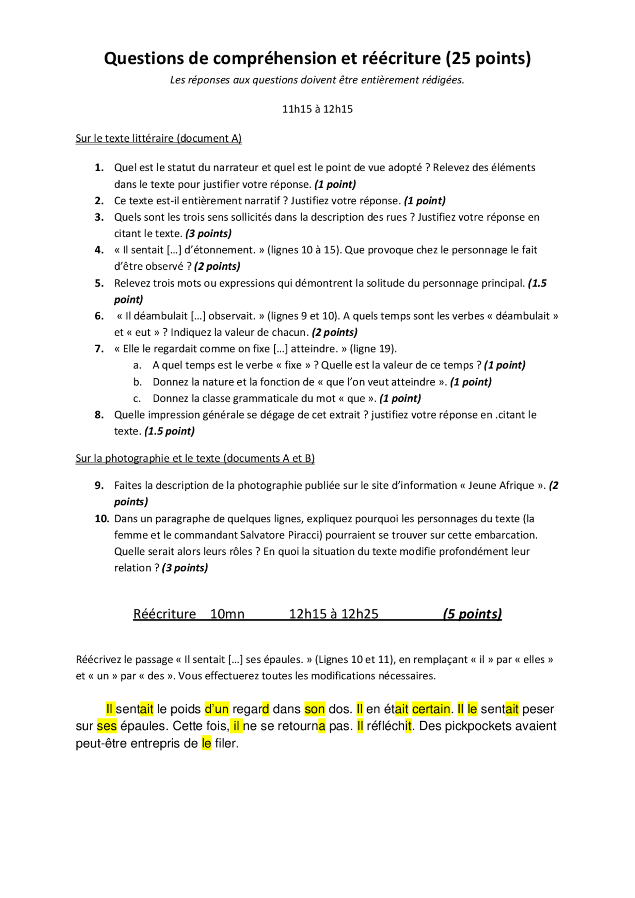 Questions De Compréhension Et Réécriture Docsity