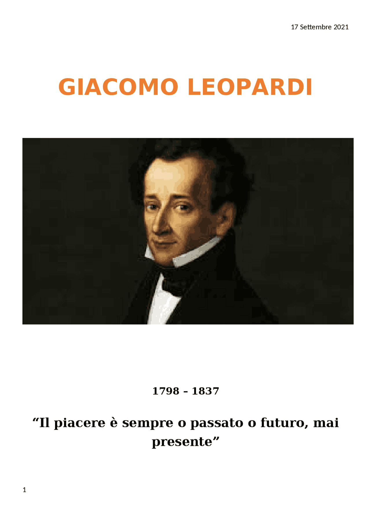 Giacomo Leopardi, la vita e le opere: "l'Infinito" e "Alla Luna" - Docsity