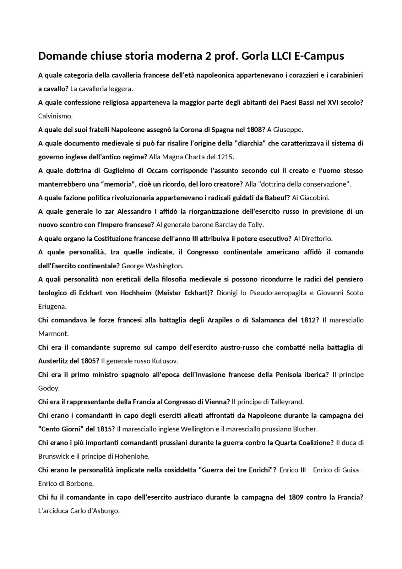 Storia Moderna Prof Gorla Domande Chiuse In Ordine Alfabetico Docsity