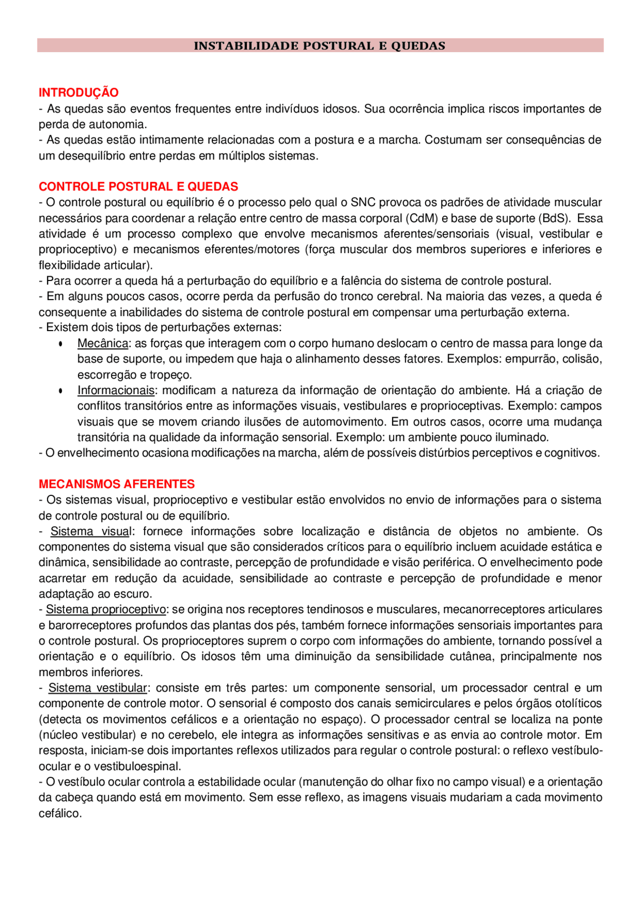 INSTABILIDADE POSTURAL E QUEDAS | Resúmenes Geriatría | Docsity