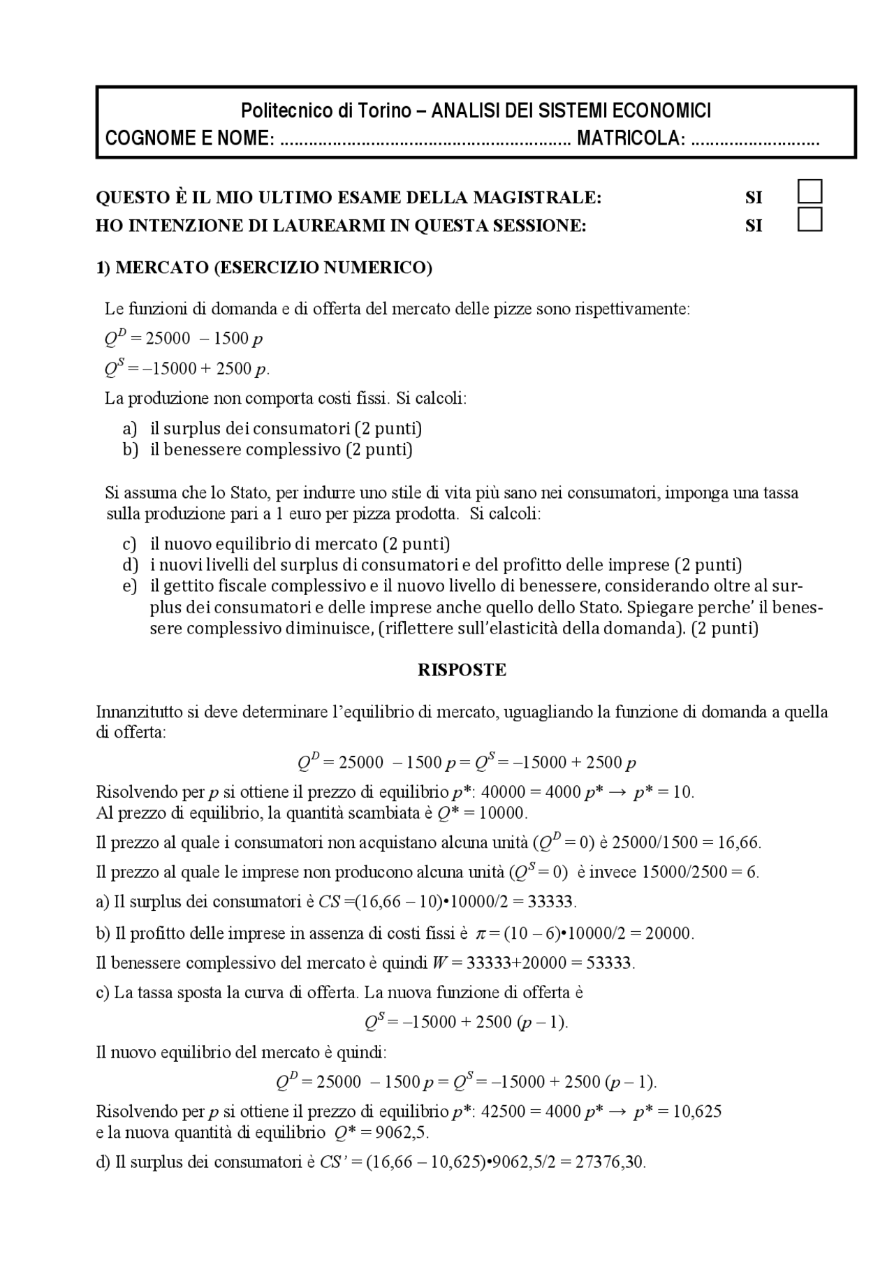 Economia Dei Sistemi Industriali 4 Appello Docsity