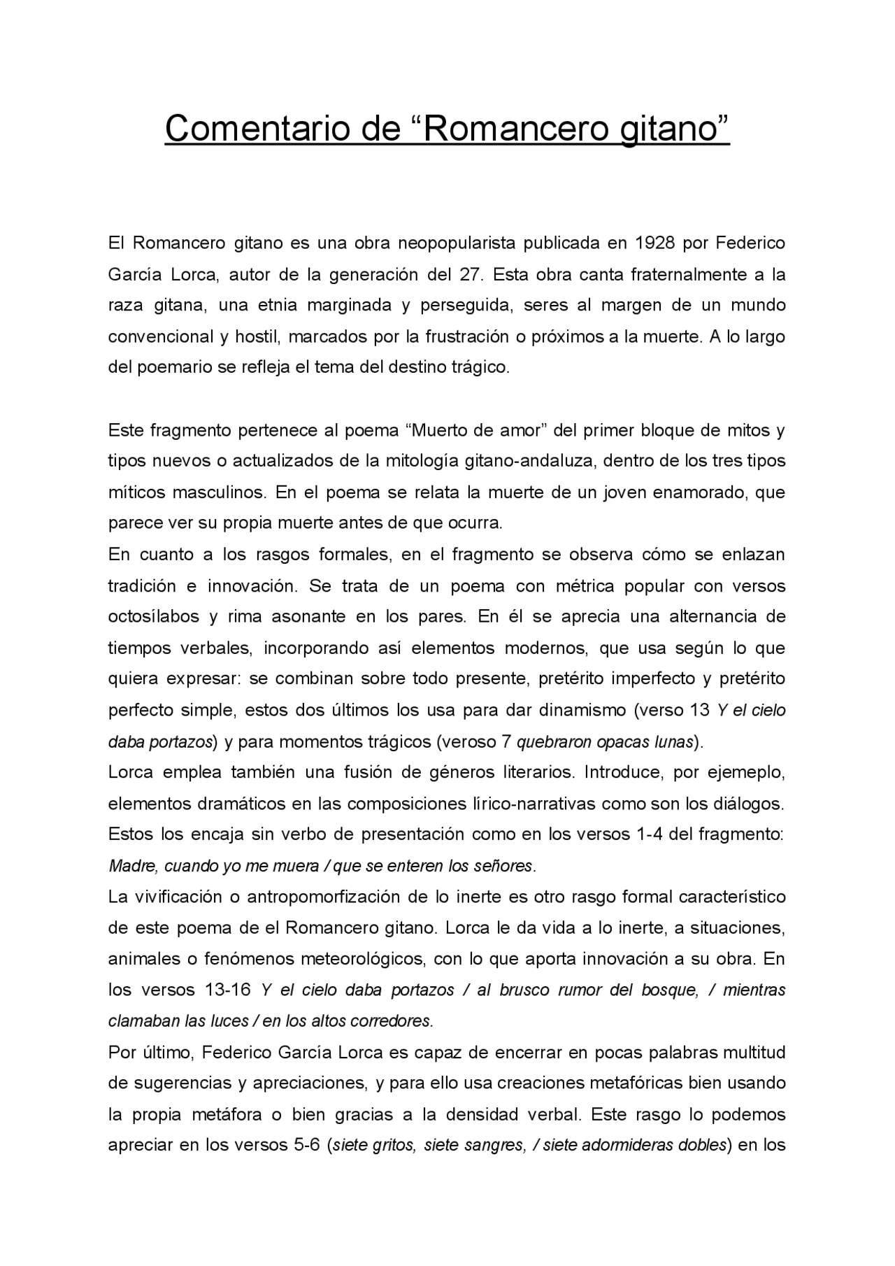 Comentario de "El romancero gitano" - Docsity