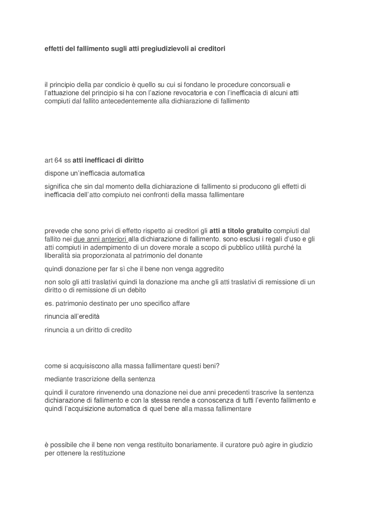 Effetti Del Fallimento Sugli Atti Pregiudizievoli Ai Creditori Docsity