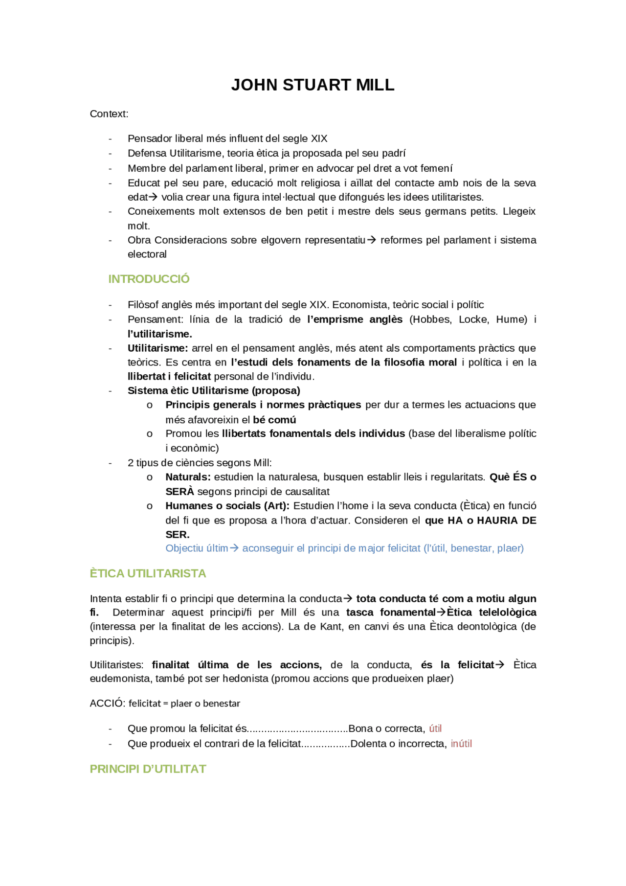 Apunts Dstuart Mill De Batxillerat I Selectivitat Docsity