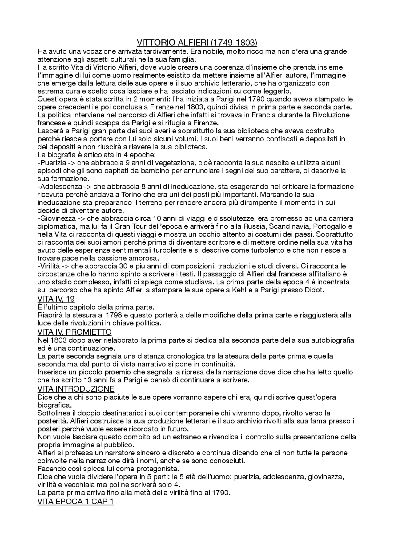 Vittorio Alfieri E La Vita Sbobinature Di Letteratura Docsity