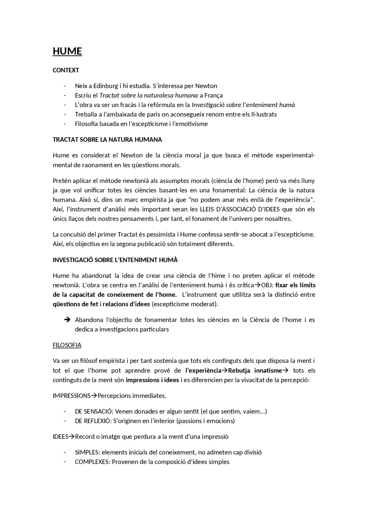 Apunts De Hume De Batxillerat I Selectivitat Docsity