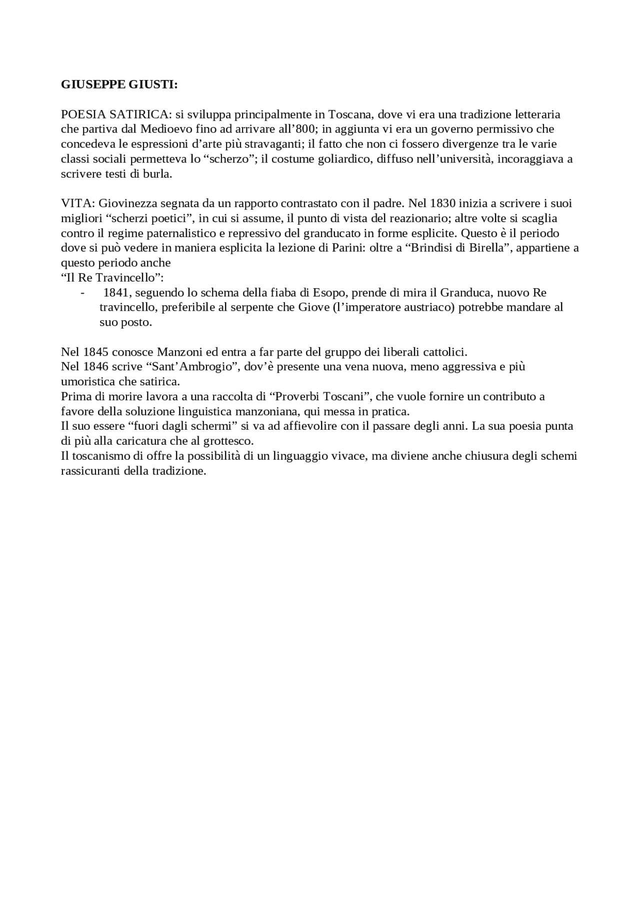 Riassunto Giuseppe Giusti Docsity