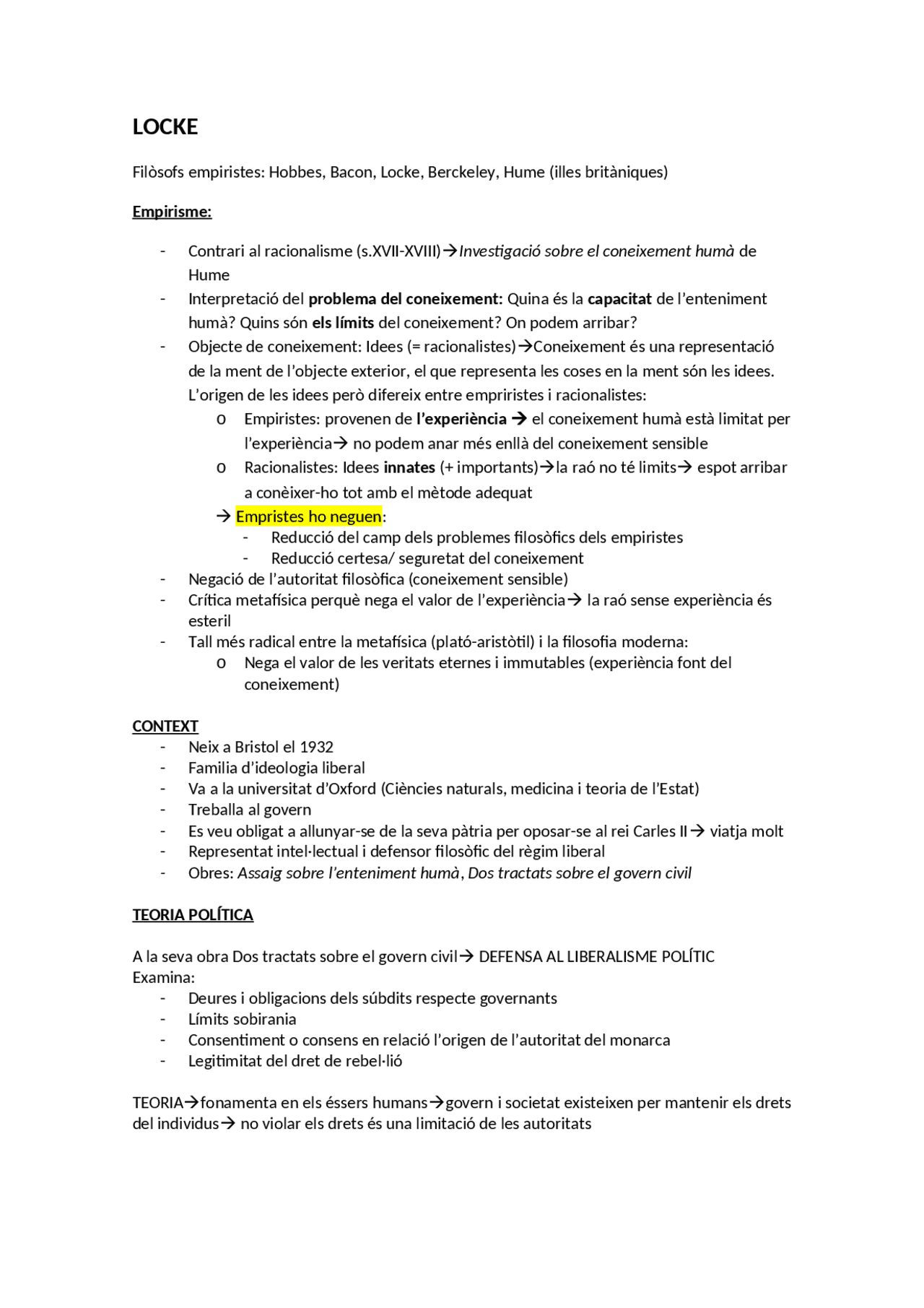 Apunts De Locke De Batxillerat I Selectivitat Docsity