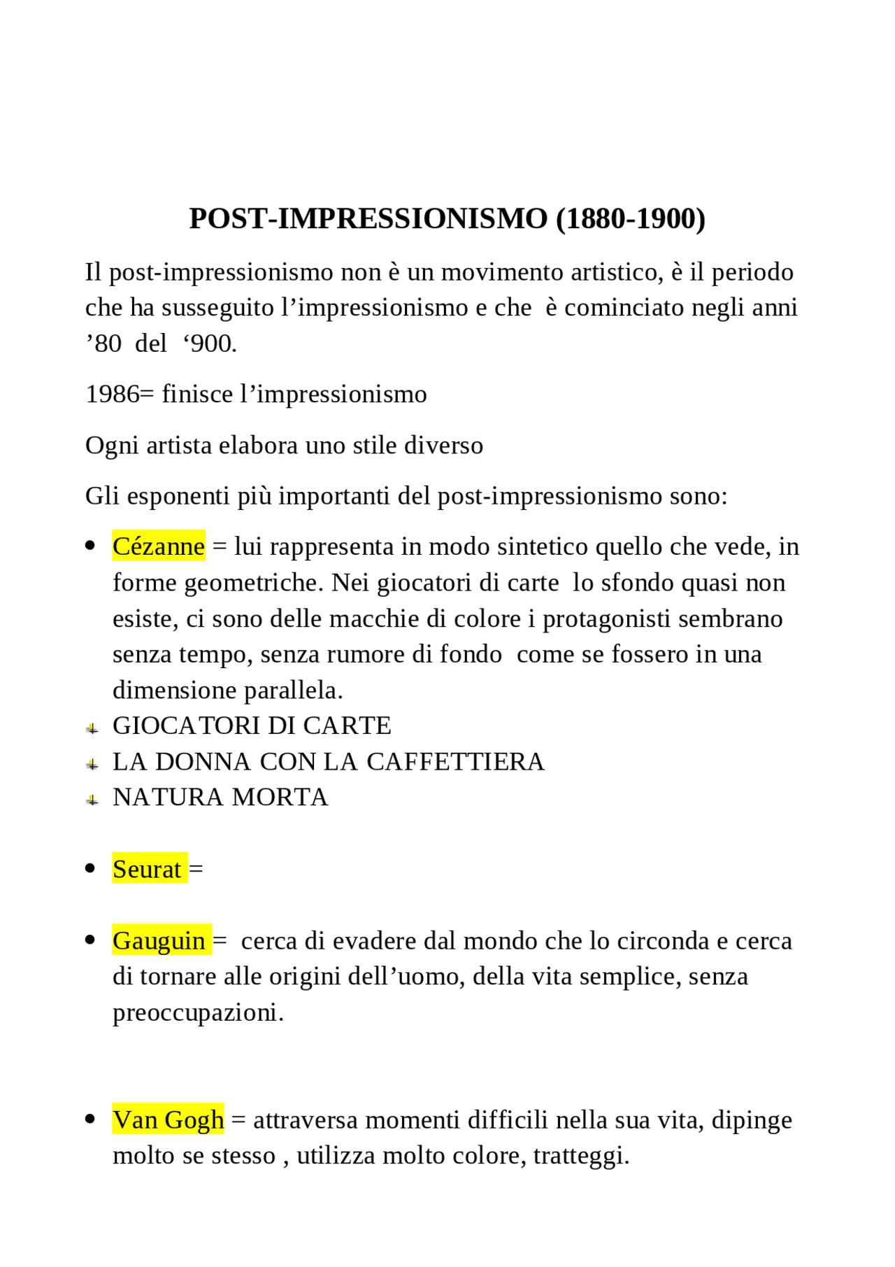 Sintesi Post Impressionismo Docsity