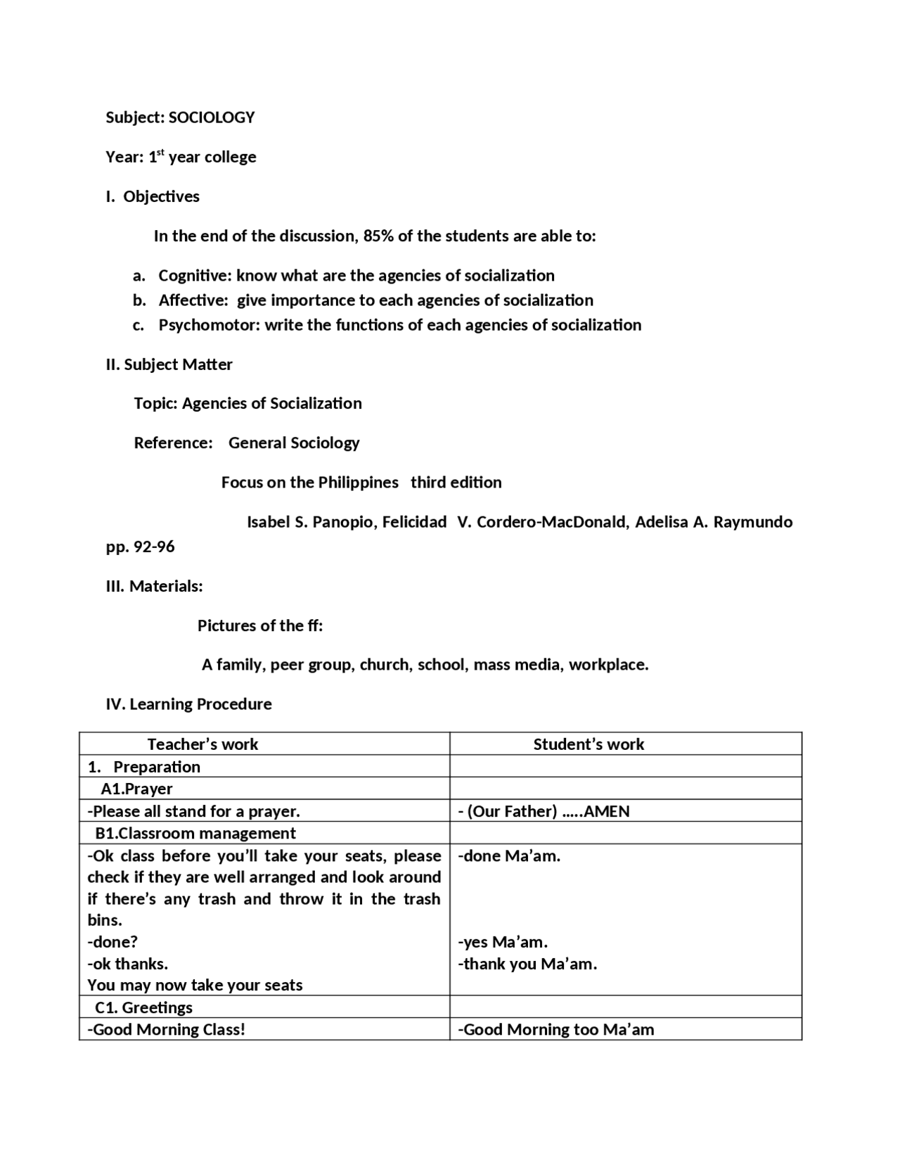 Lesson Plan in Agencies of Socialization | Lecture notes Sociology ...
