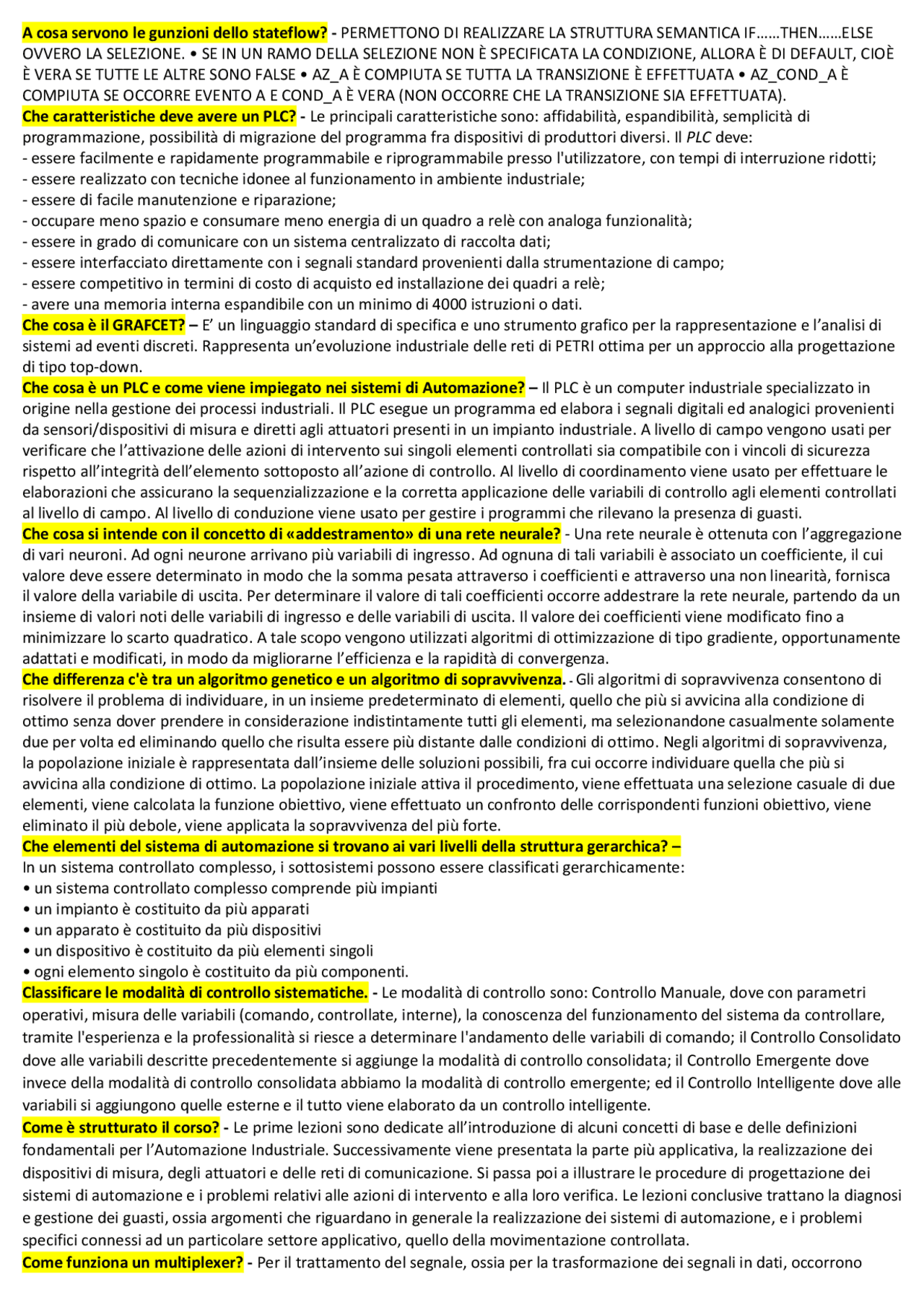 Automazione Industriale Risposte Aperte Docsity