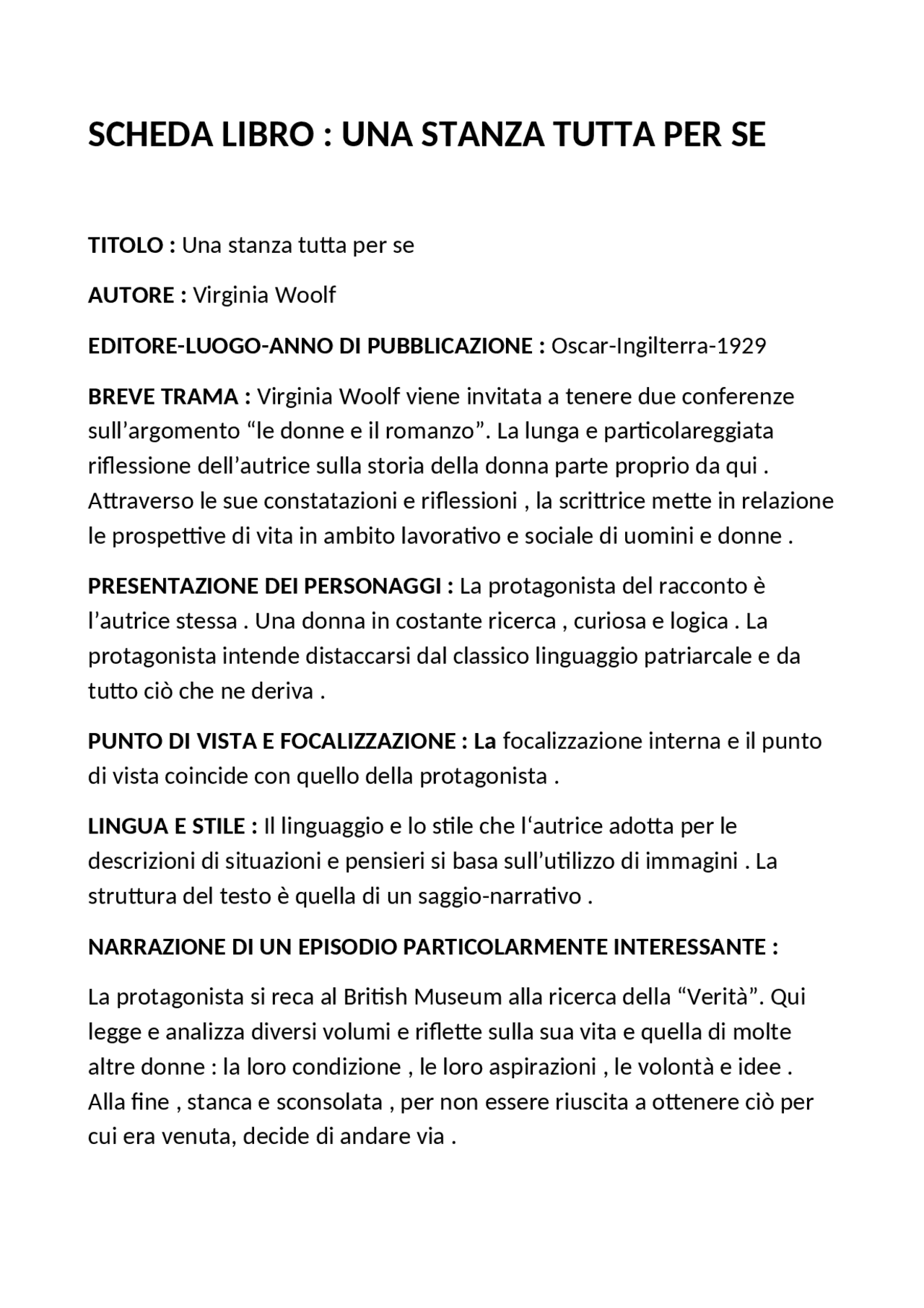 Una Stanza Tutta Per Se Scheda Docsity