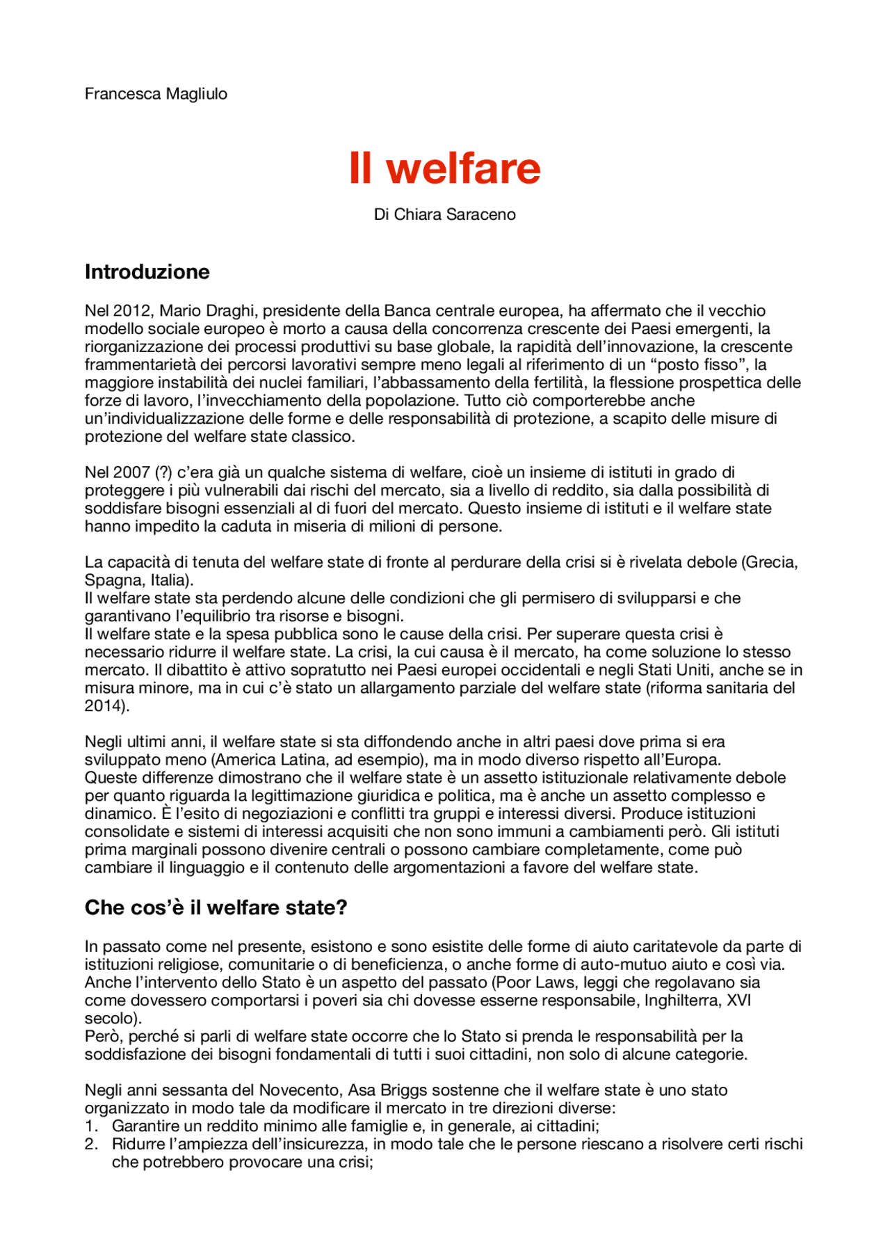 Riassunto Libro Il Welfare” Chiara Saraceno Docsity