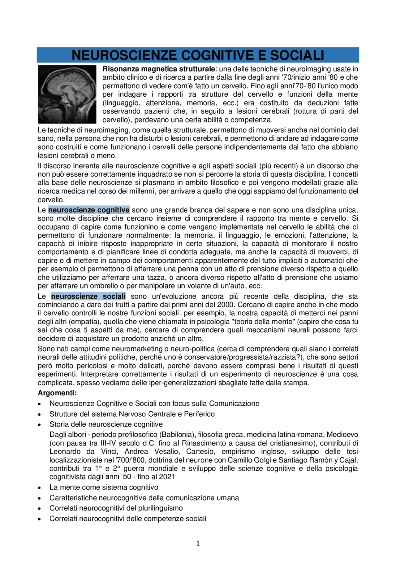 Neuroscienze Cognitive E Sociali Docsity
