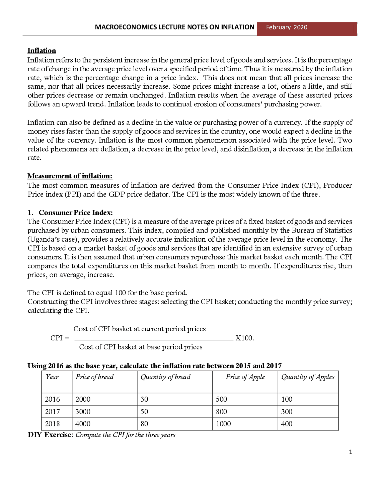 Economic inflation notes - Docsity