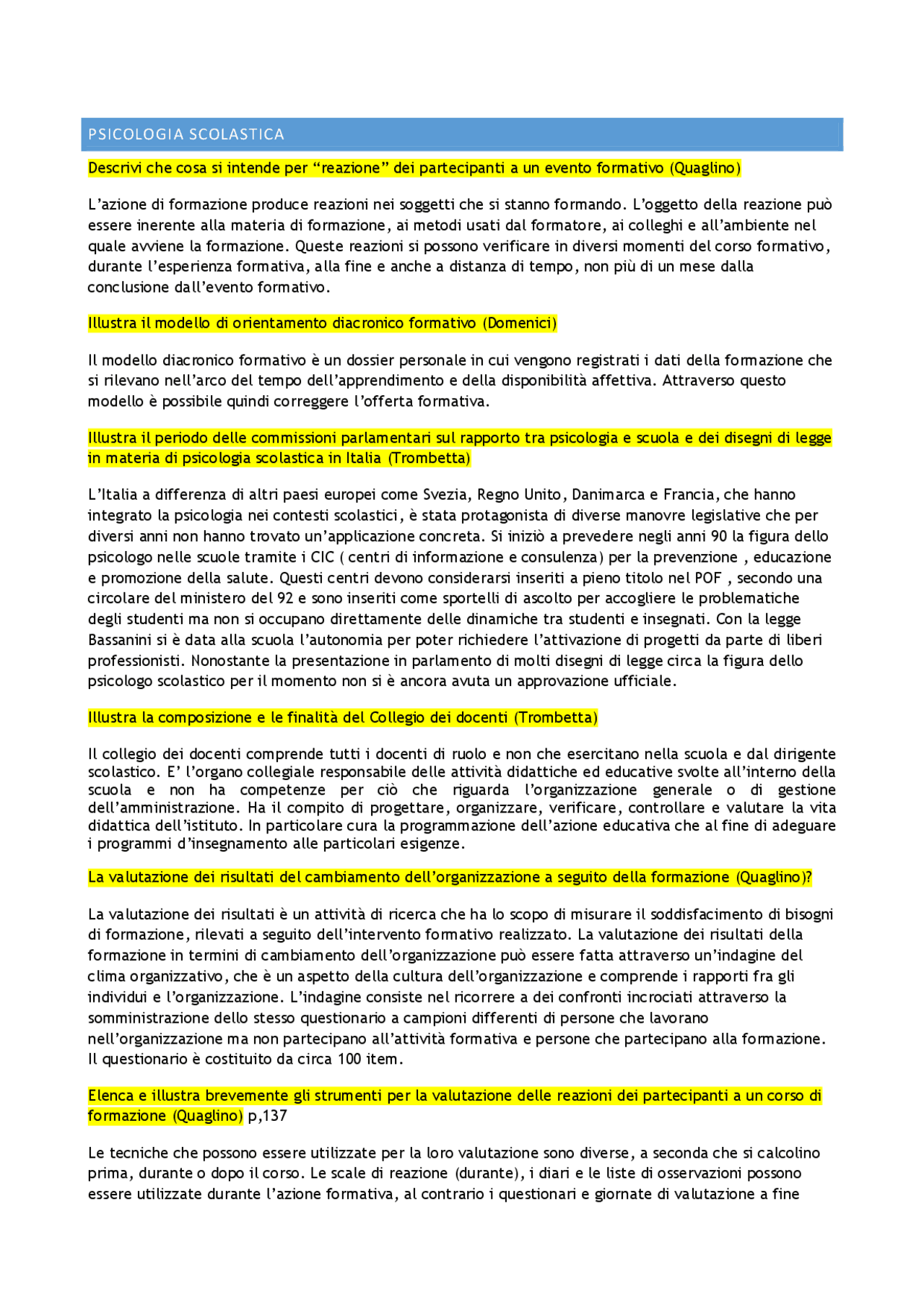 Simulazione Quiz E Risposte Domande Aperte Psicologia Scolastica Docsity