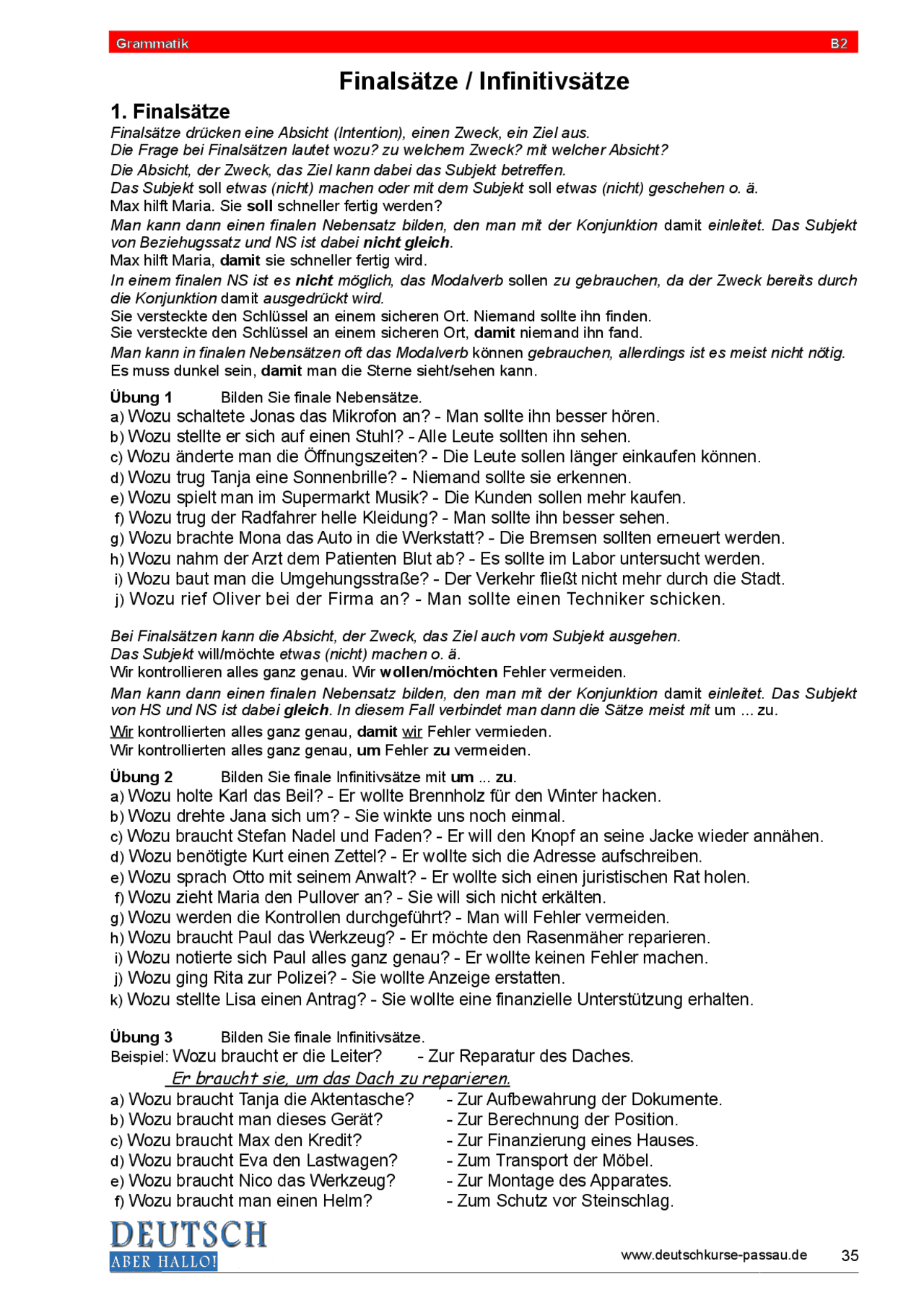 Finalsätze / Infinitivsätze - Aufgaben Deutsch Grammatik B2 - Docsity