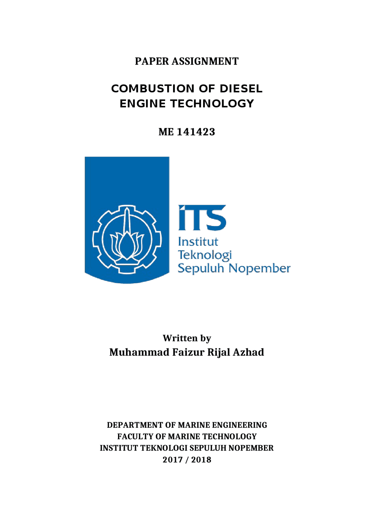 Paper Assignment Combustion Of Diesel Engine Technology Docsity