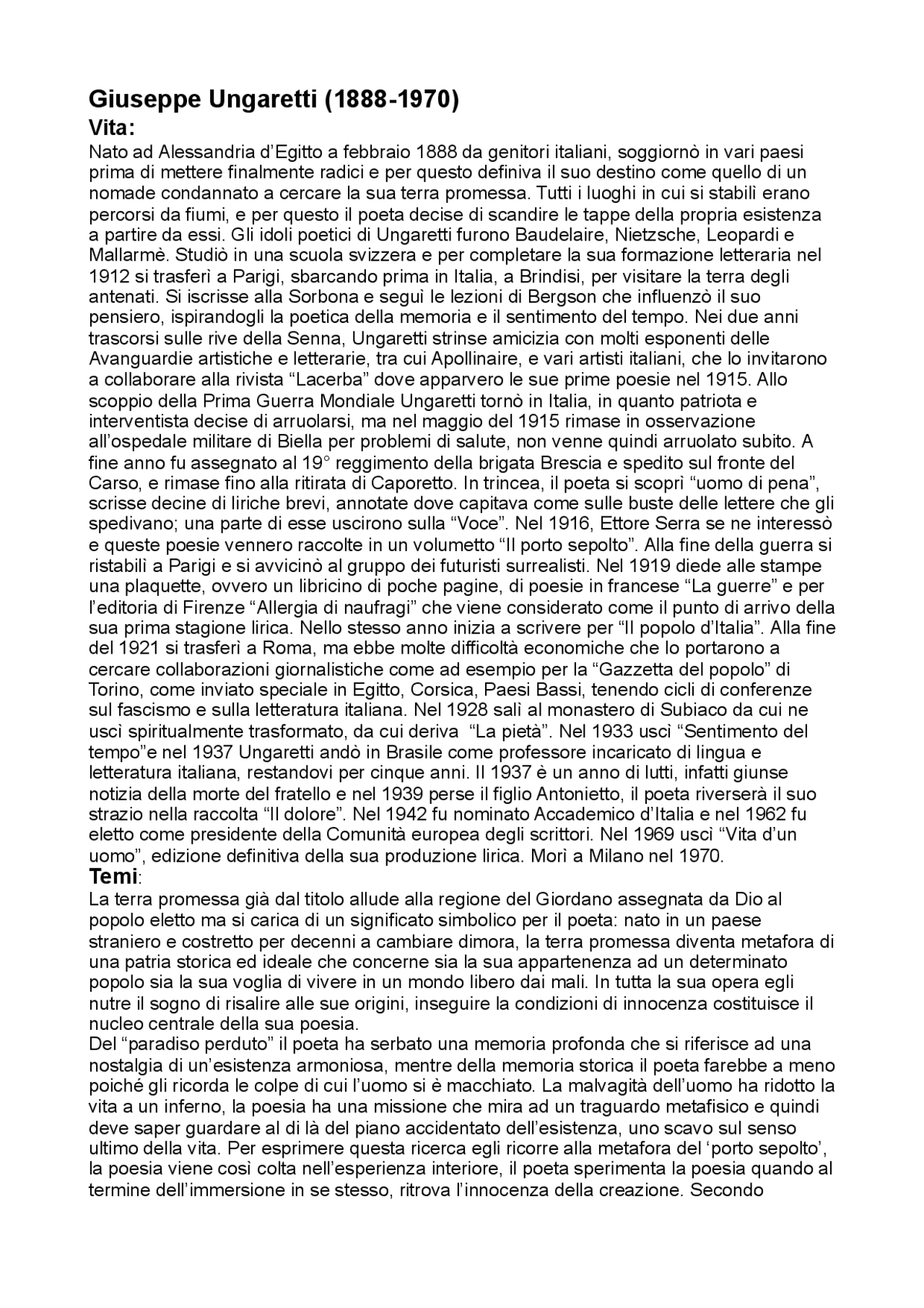 Giuseppe Ungaretti Vita E Opere Docsity