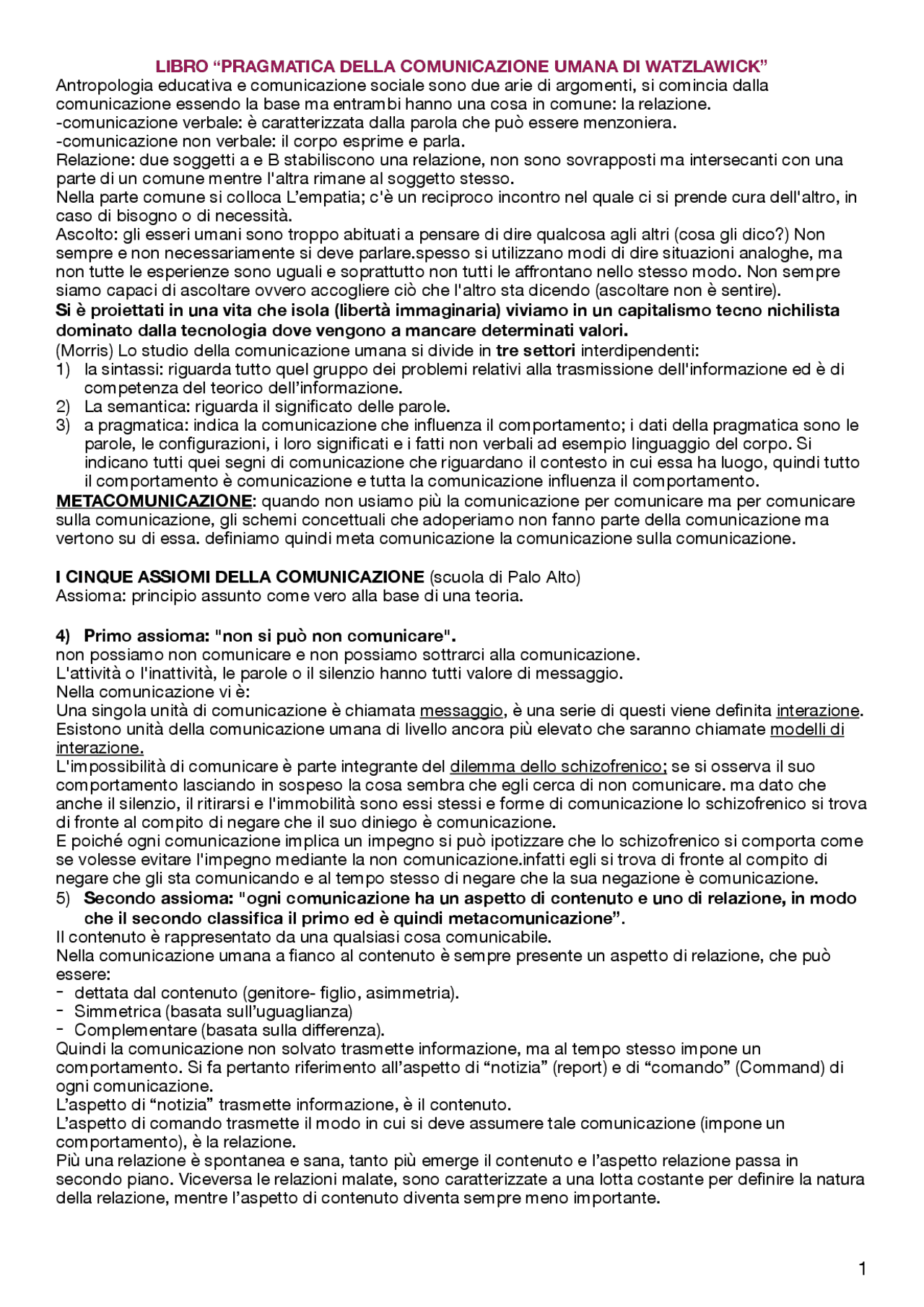 Riassunto Pragmatica Della Comunicazione Umana Docsity