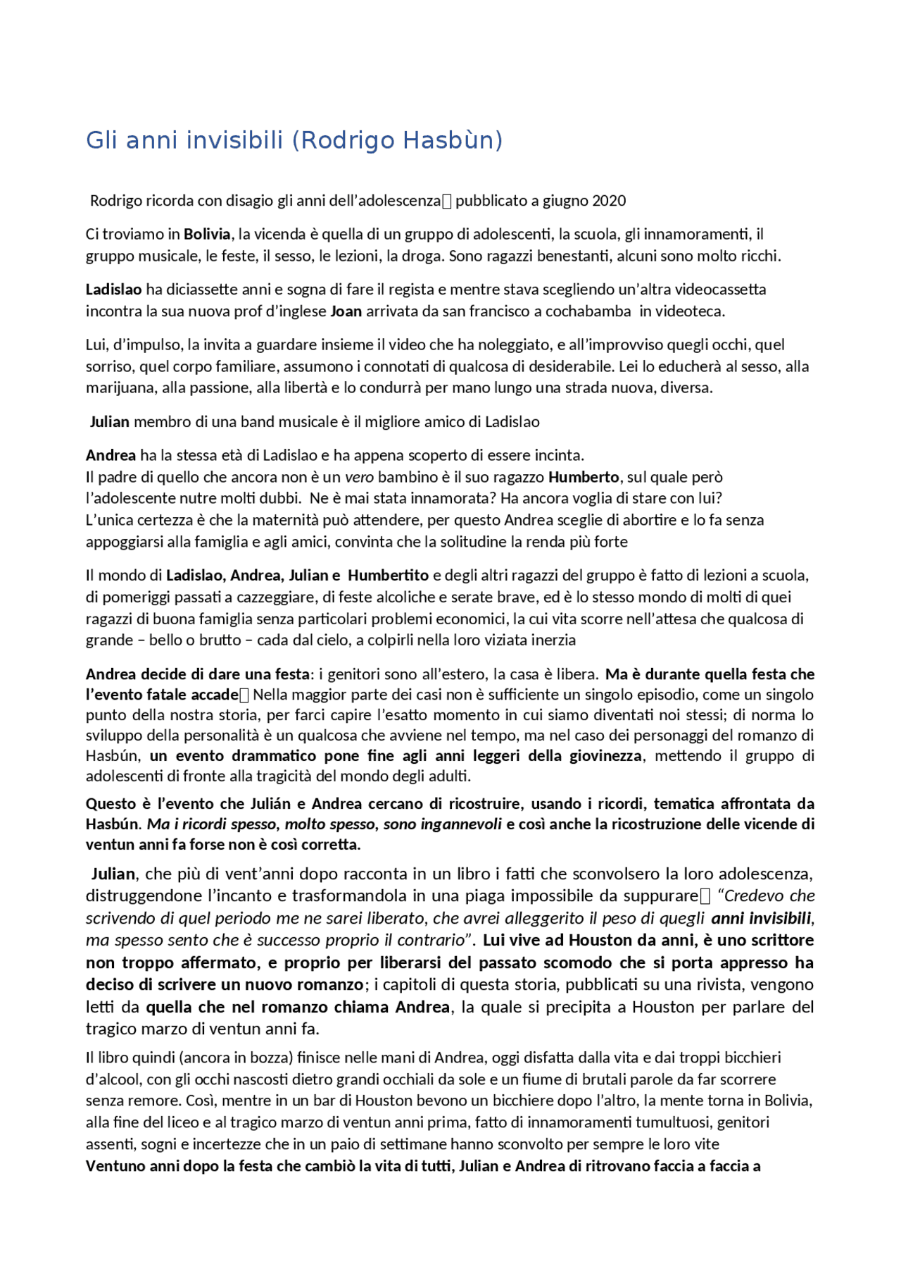 Riassunto Gli Anni Invisibili Docsity