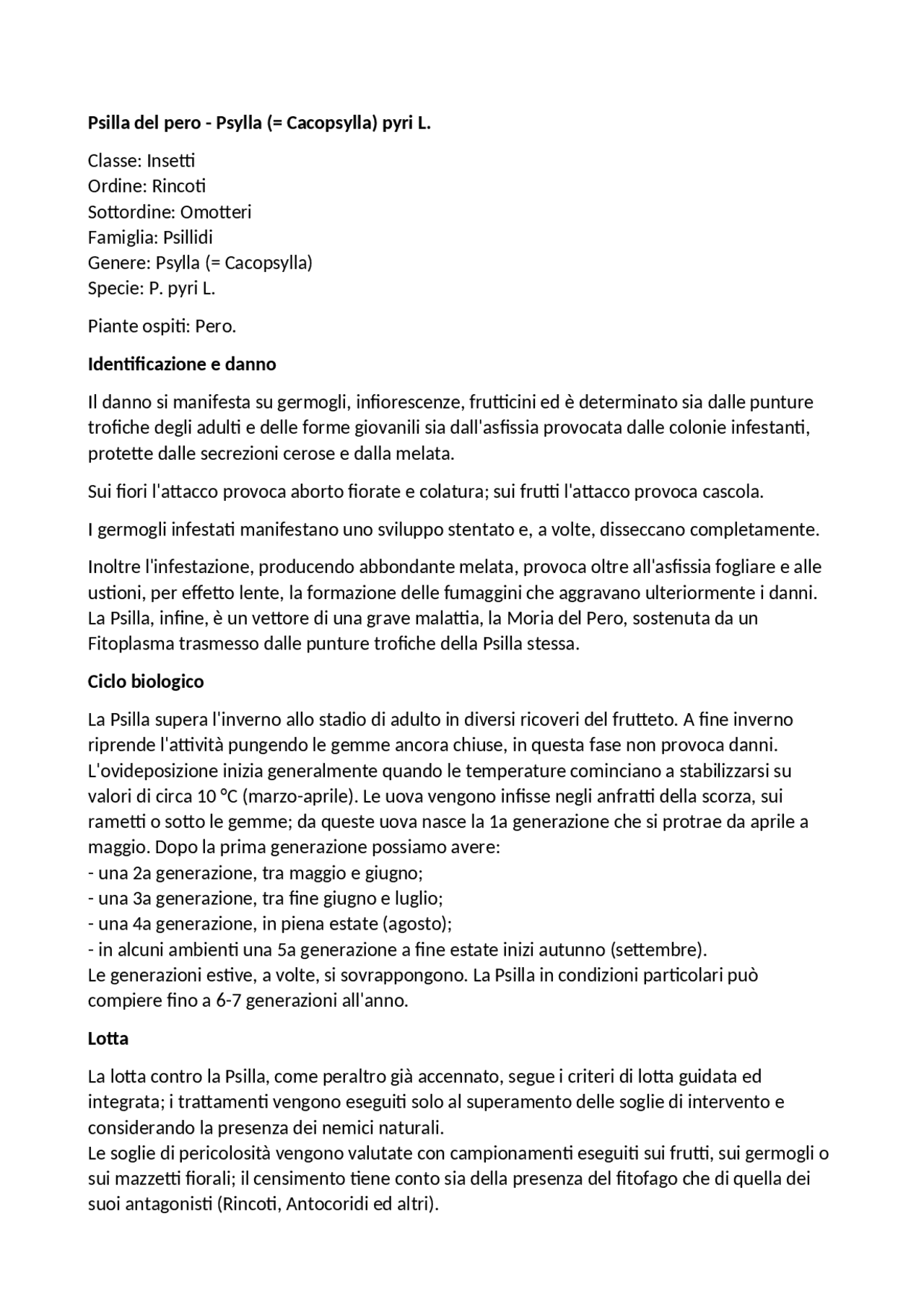 Psilla del pero, entomologia agraria - Docsity