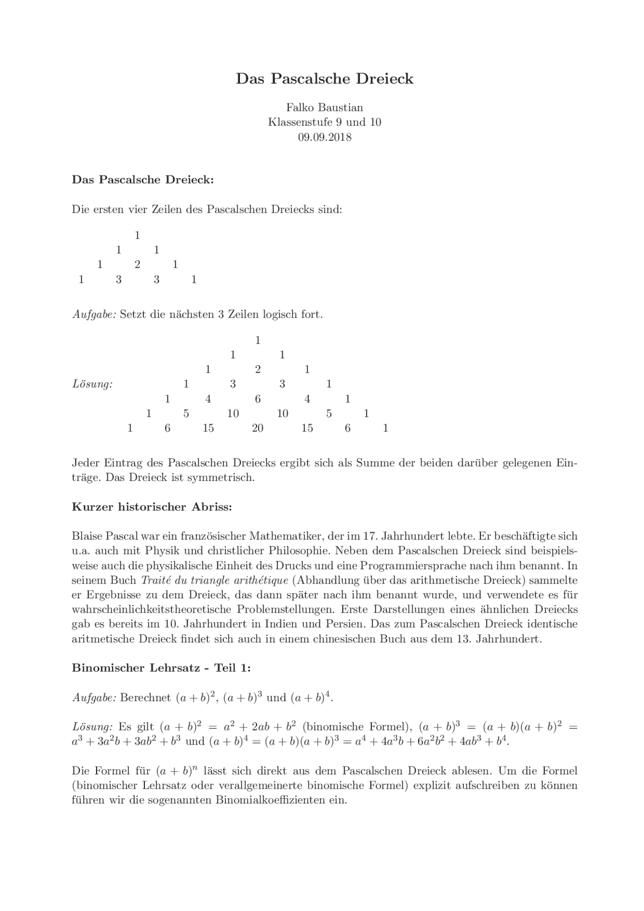 Das Pascalsche Dreieck Aufgaben mit Lösungen | Übungen Mathematik | Docsity