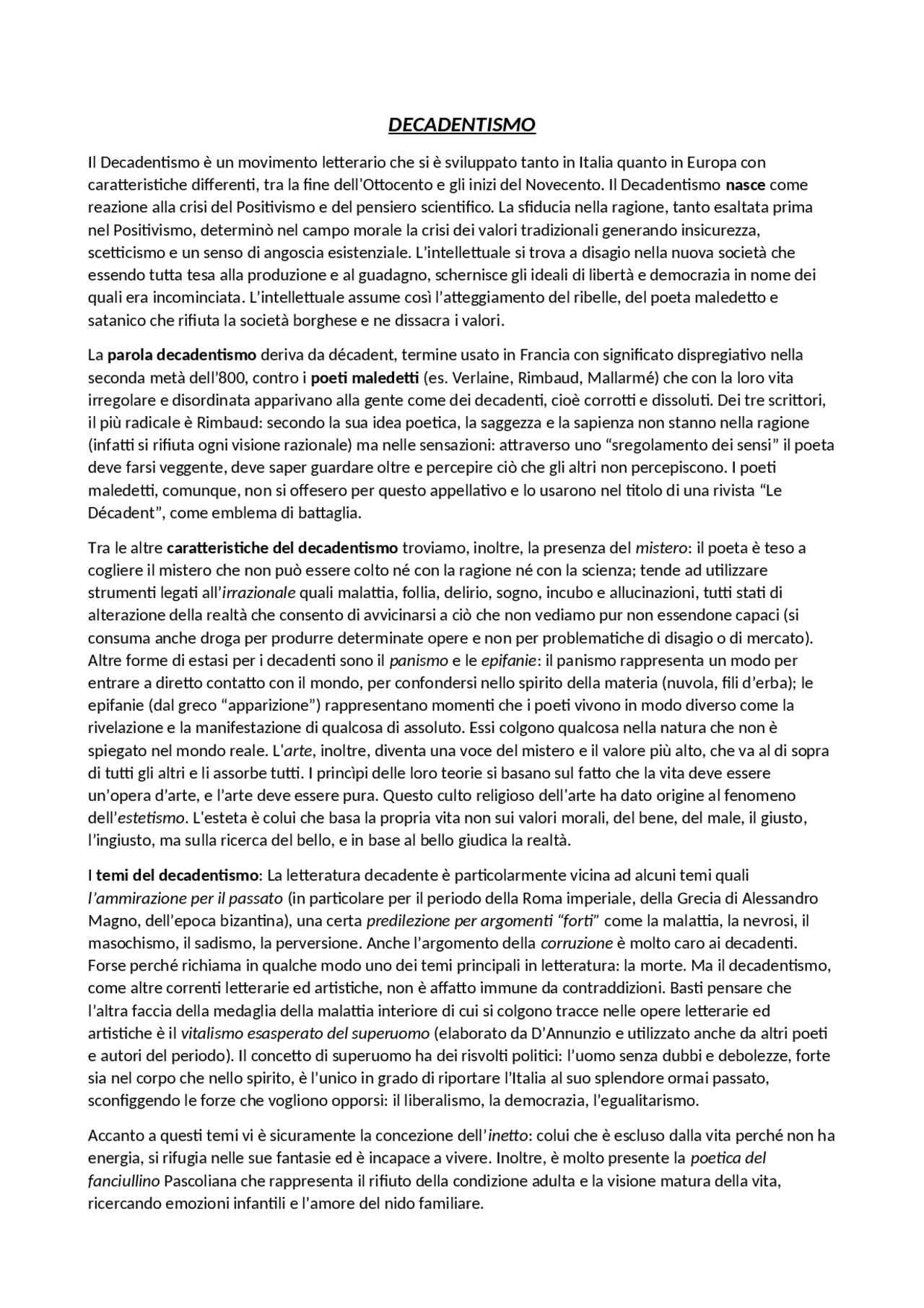 Punti Chiave Decadentismo Docsity
