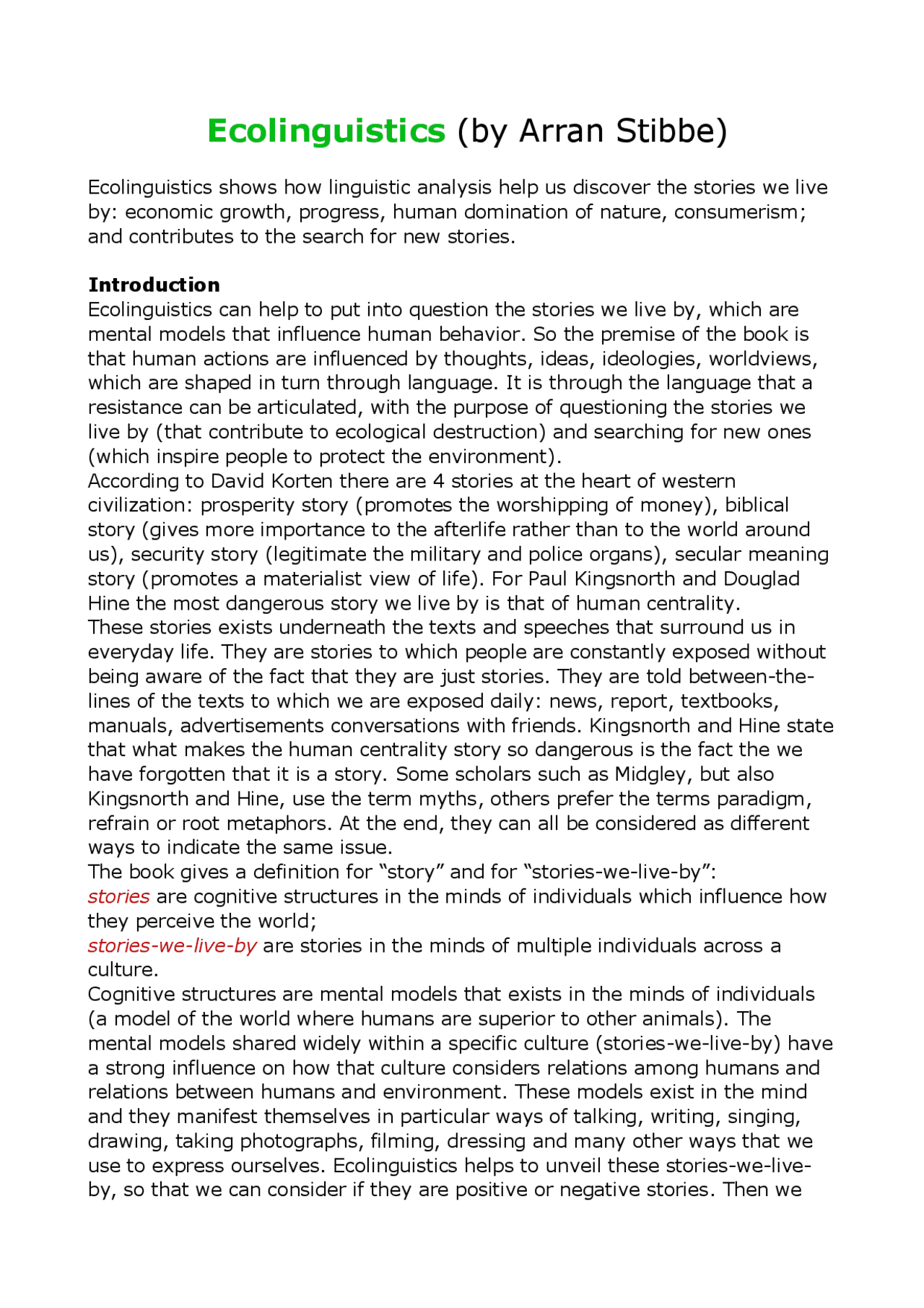 Riassunto Ecolinguistics di Arran Stibbe - Docsity