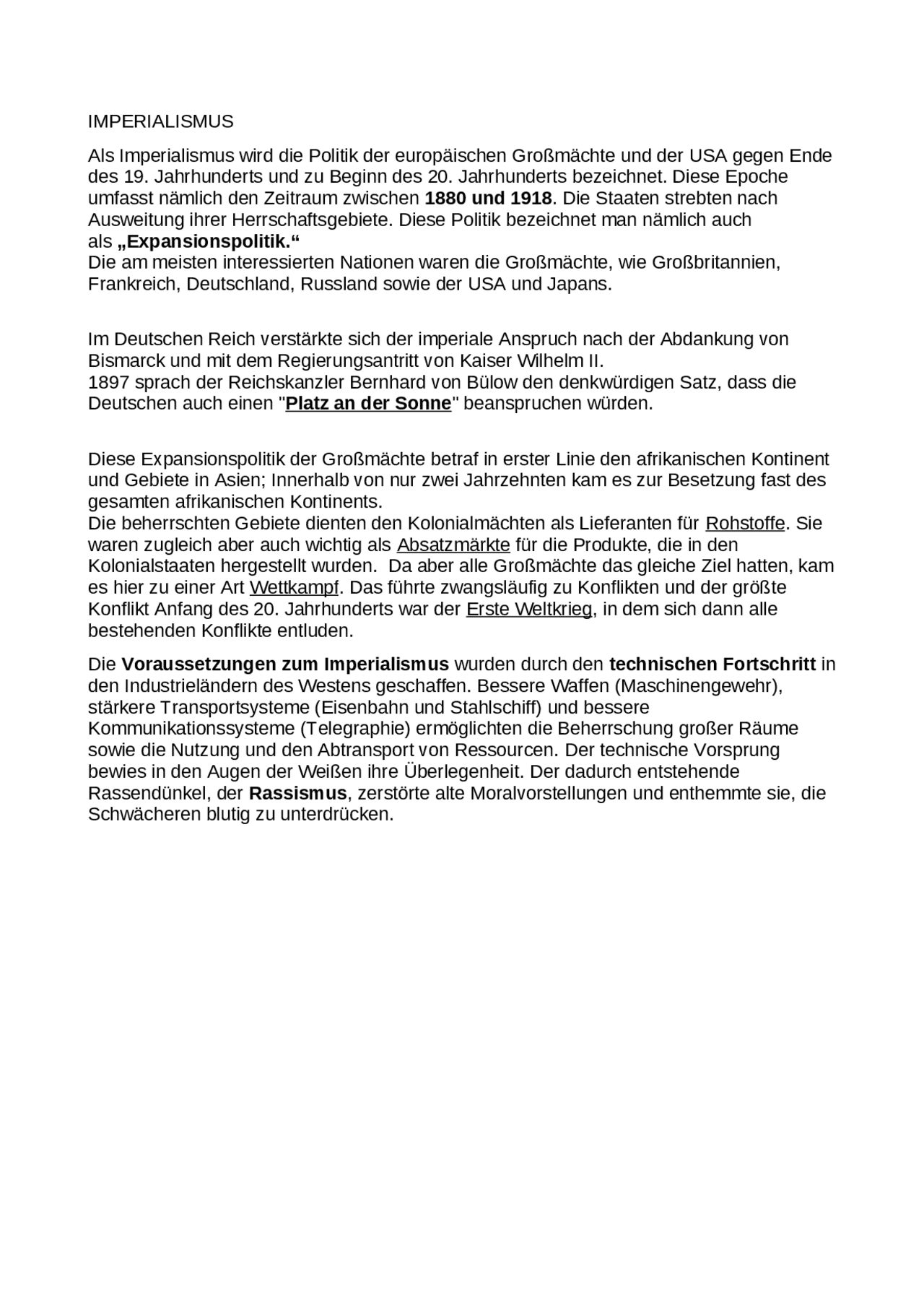 Imperialismus Zusammenfassung Sintesi Del Corso Di Tedesco Docsity