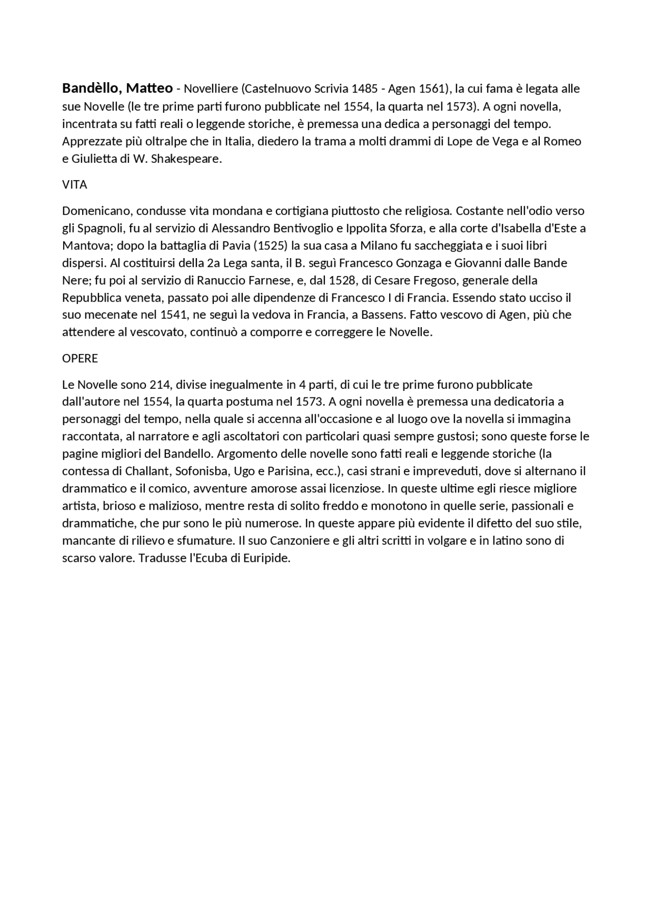 Matteo Bandello e le novelle - Docsity