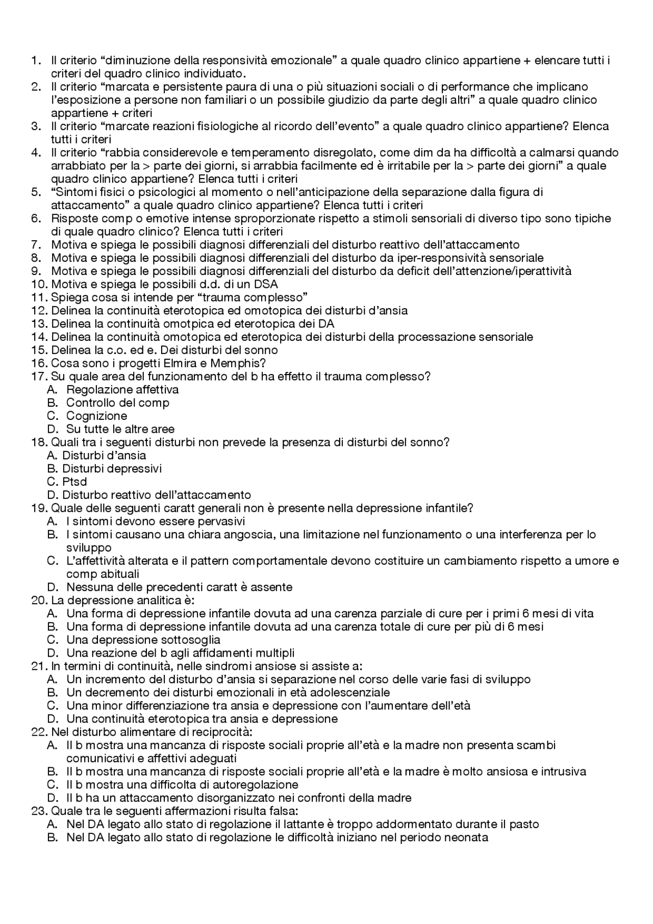 Domande Esame Psicopatologia Dello Sviluppo Speranza Docsity