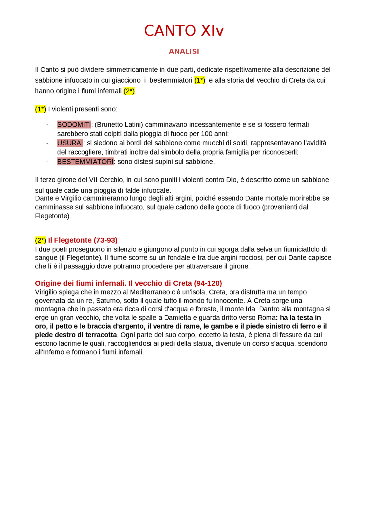 Canto XIV della Divina Commedia - Docsity