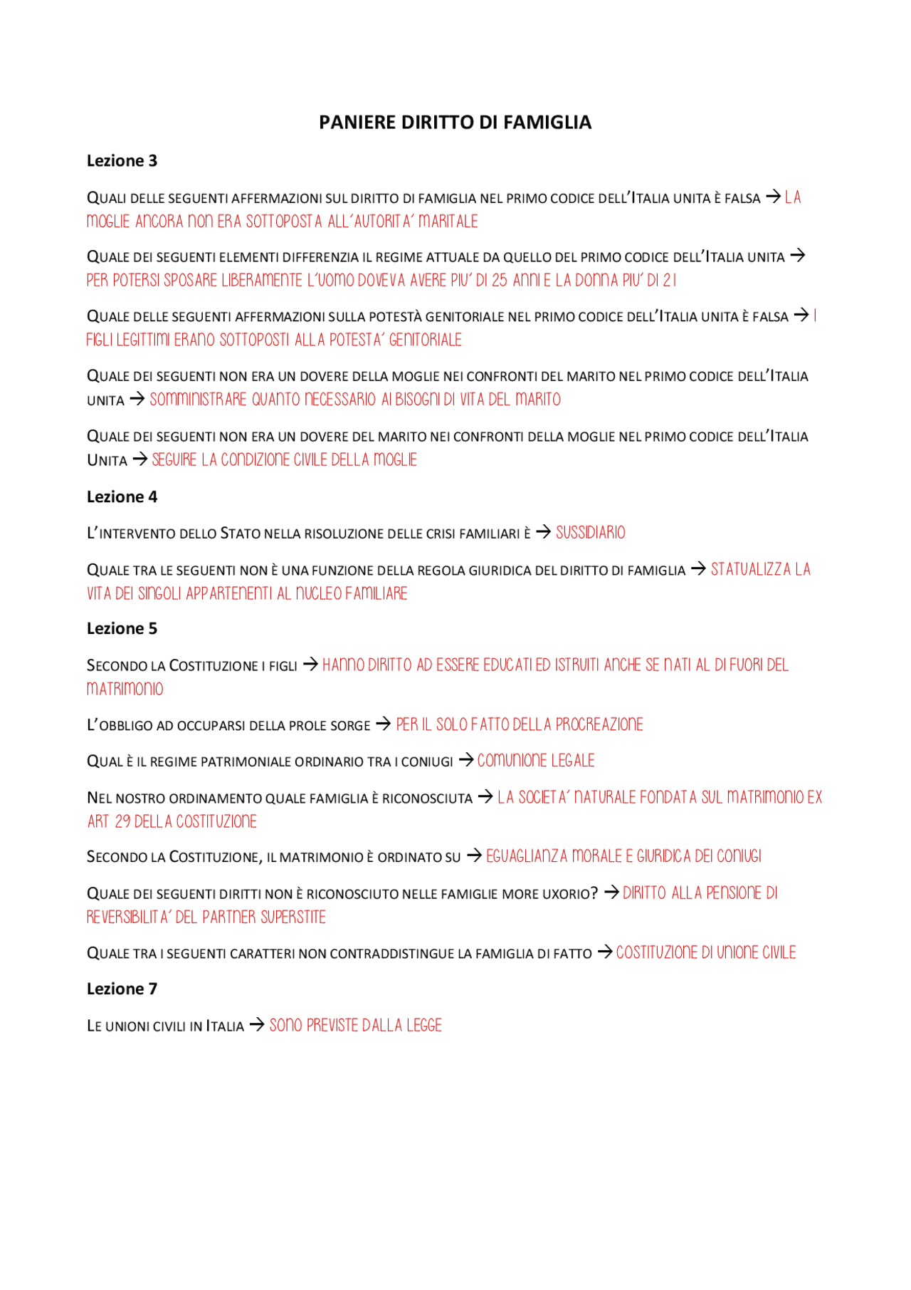 Paniere Esame Diritto di famiglia master A 46 - Docsity