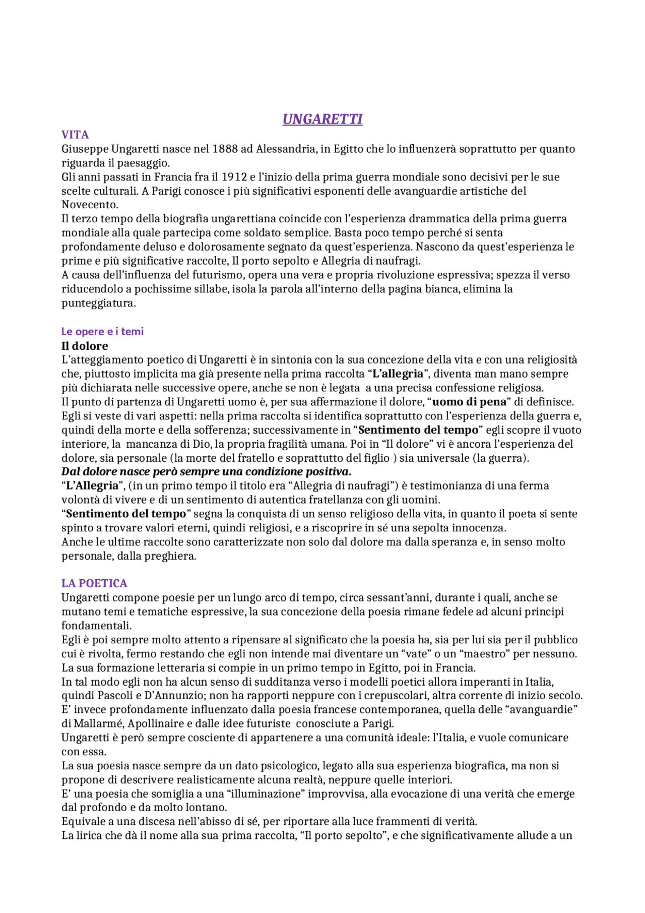 Ungaretti E Opere Docsity