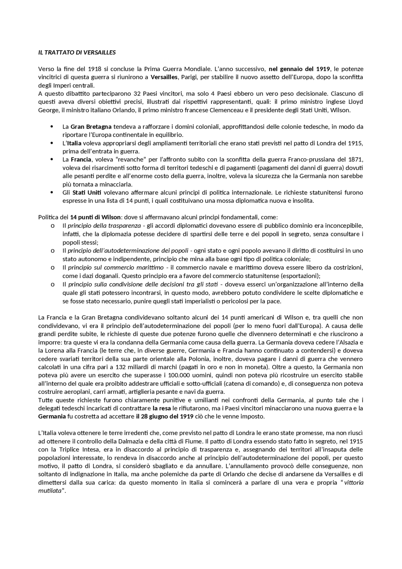 Riassunto Del Trattato Di Versailles Docsity
