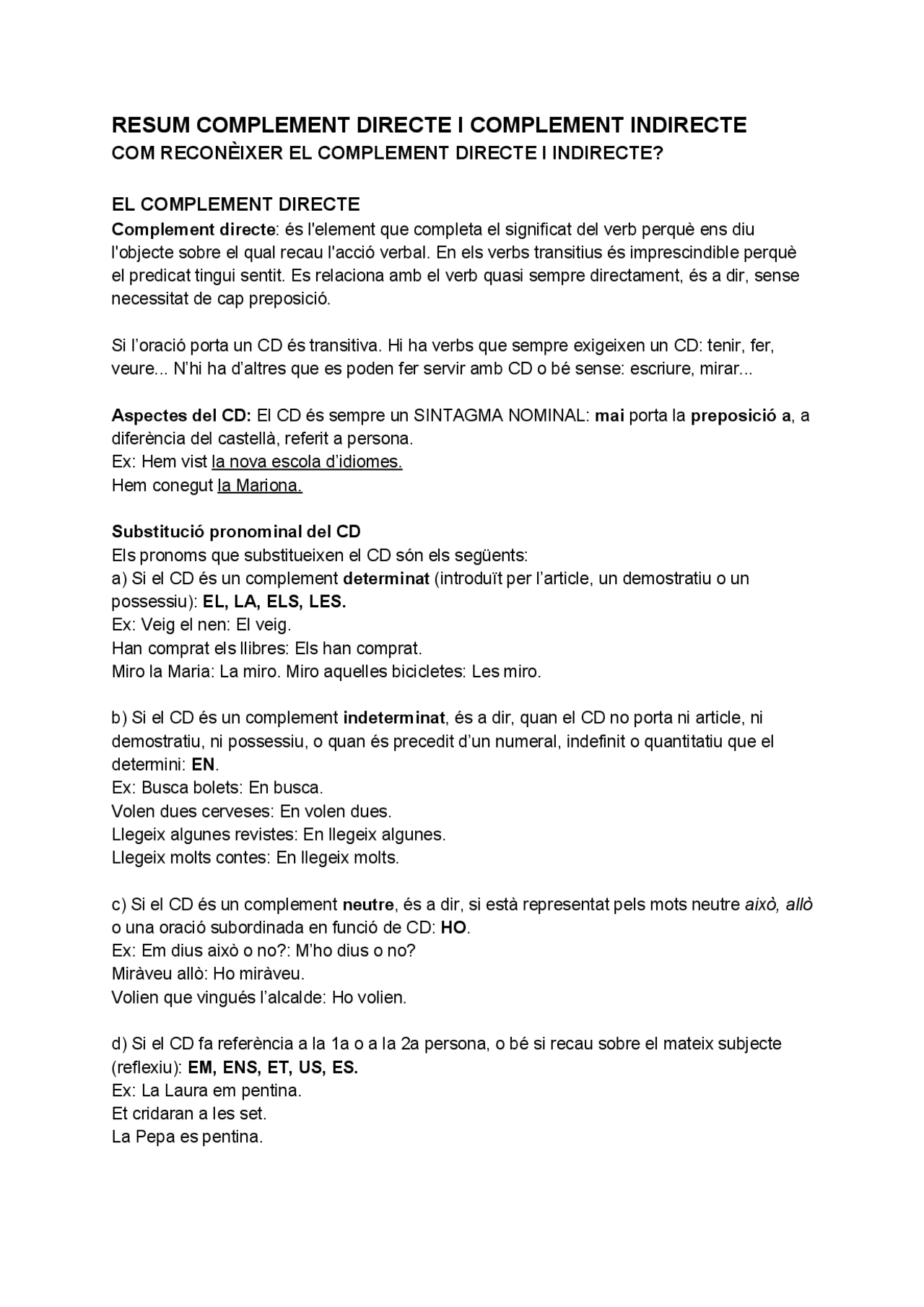 Resum de complement directe indirecte - Docsity