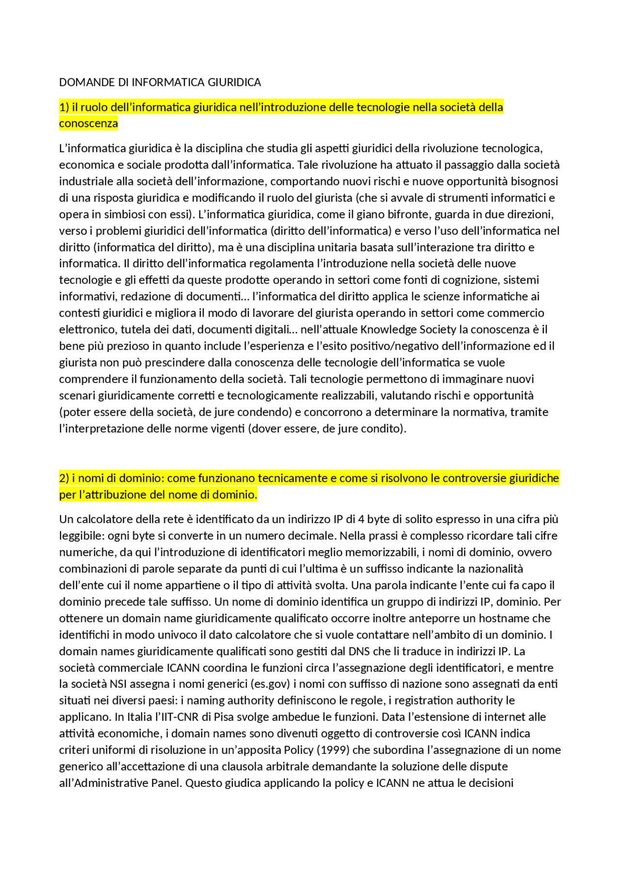 RISPOSTE DOMANDE INFORMATICA GIURIDICA M.PALMIRANI - Docsity