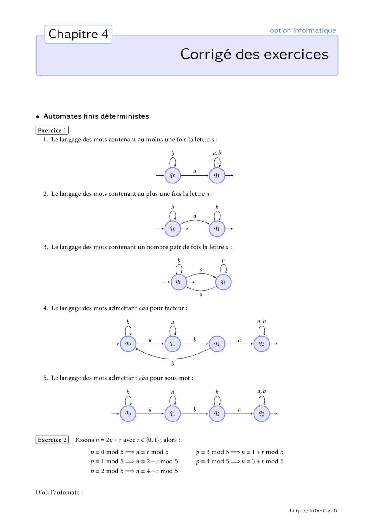 Corrigé des exercices - Automates finis déterministes | Exercices ...