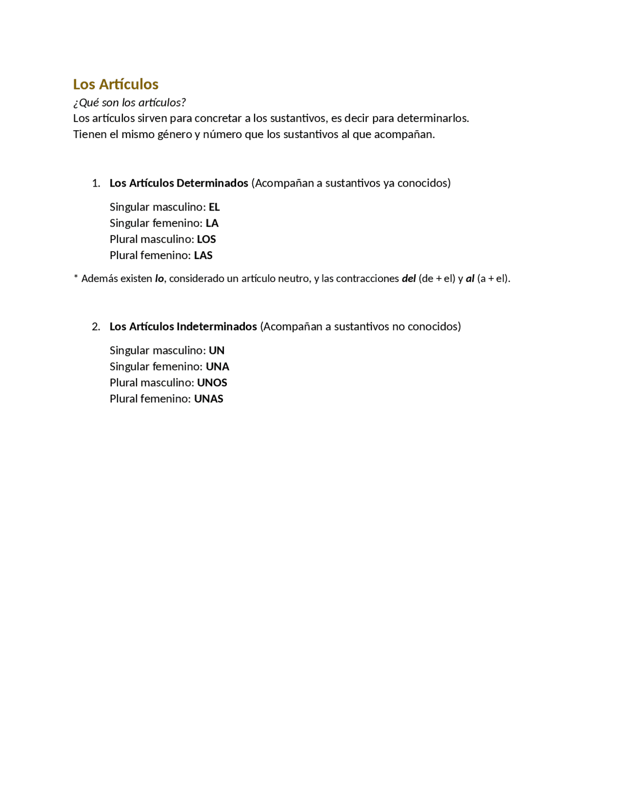 Los Artículos en Español - Docsity