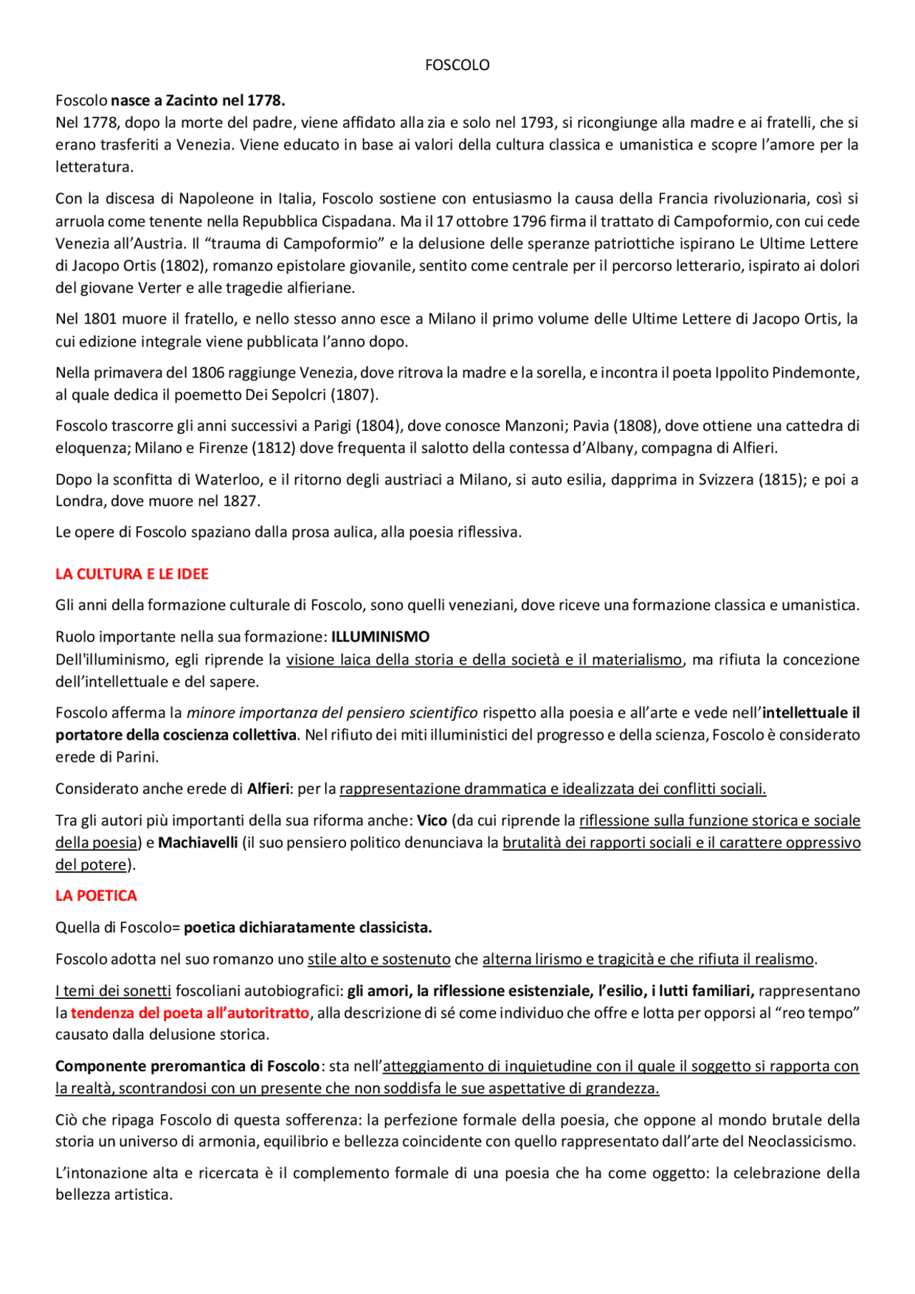 Appunti Su Foscolo E Leopardi Docsity