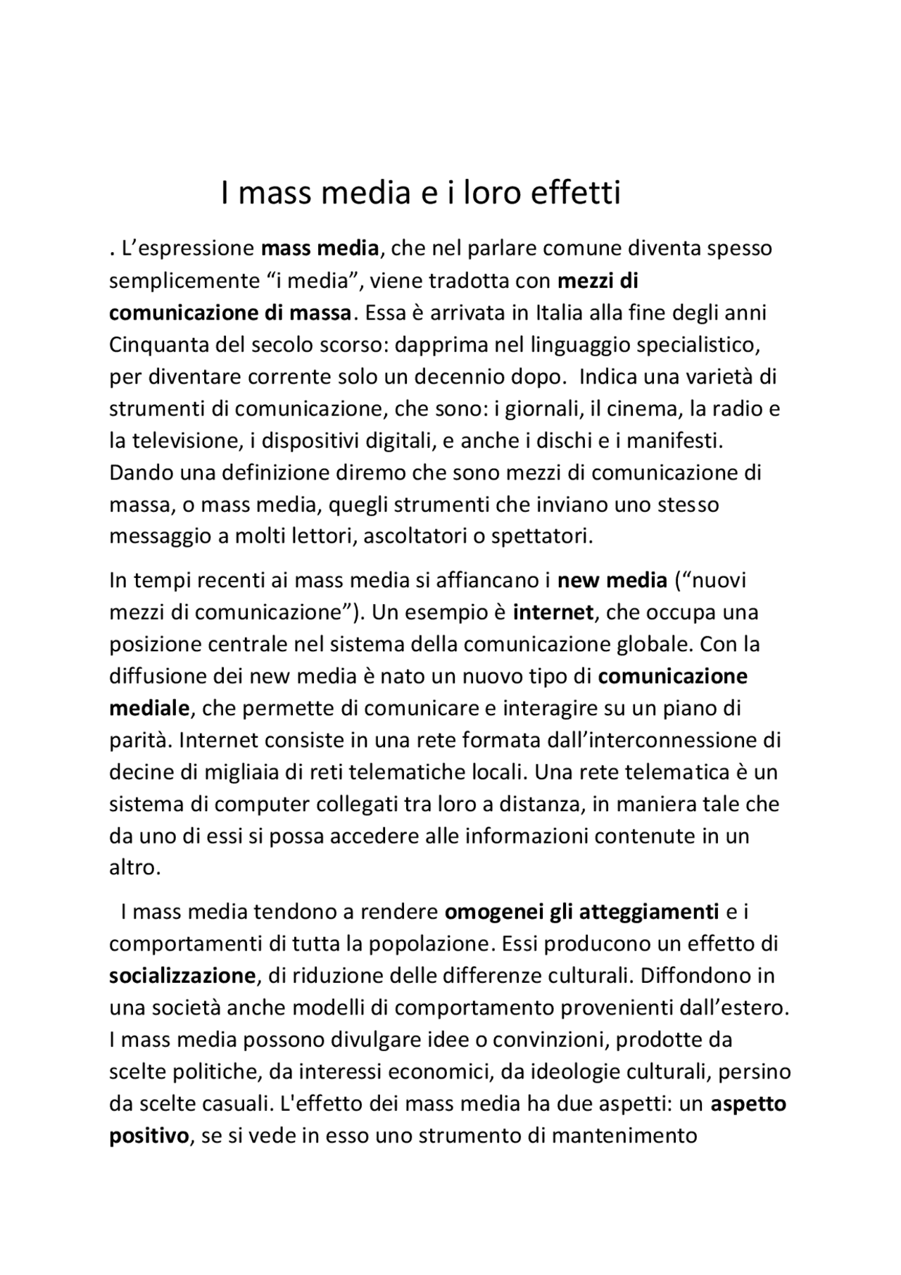 I Mass Media E I Loro Effetti Docsity