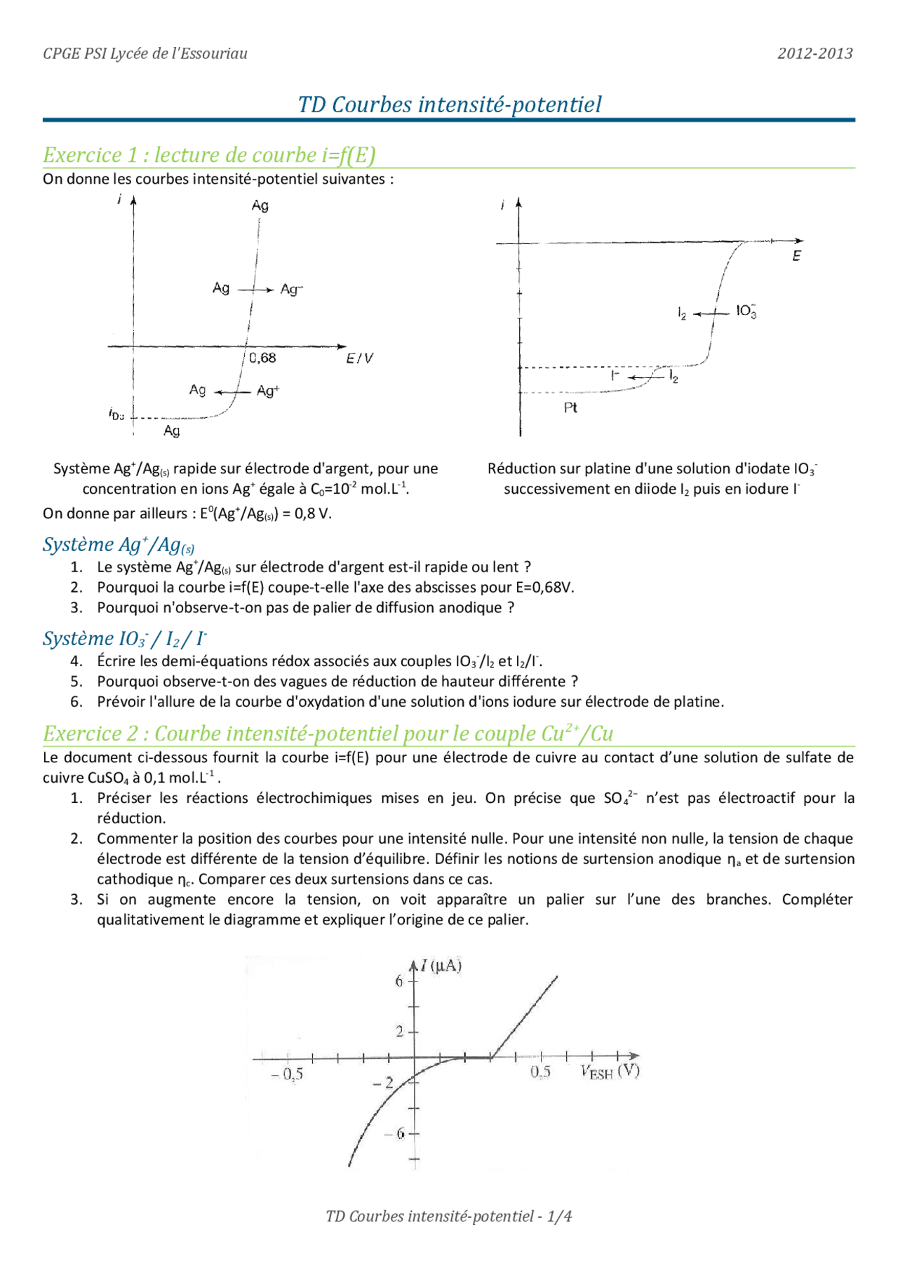 TD Courbes intensité-potentiel - Corrigé exercices | Exercices Mathématiques | Docsity