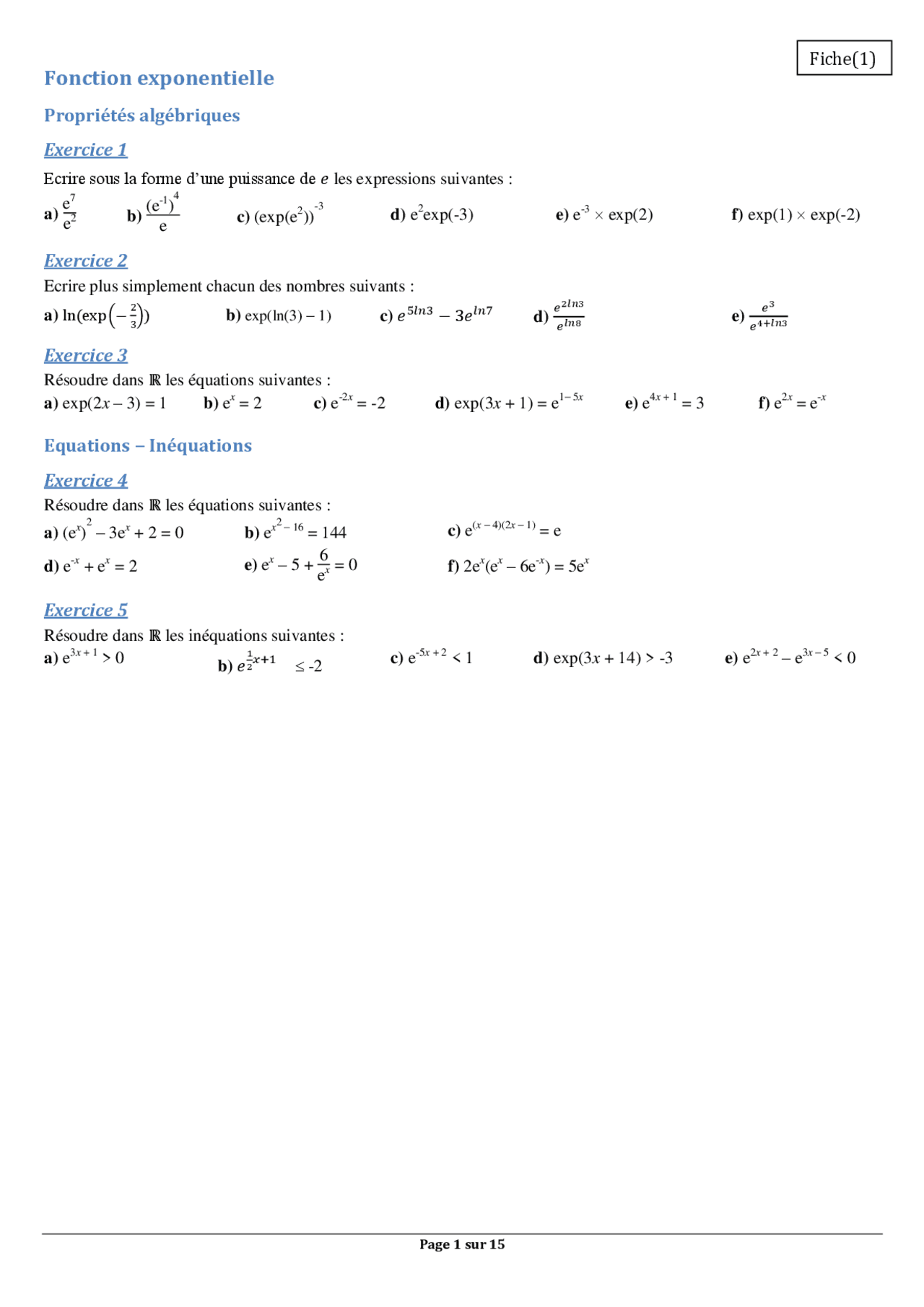 Fonction Exponentielle Exercices Corrigés Docsity