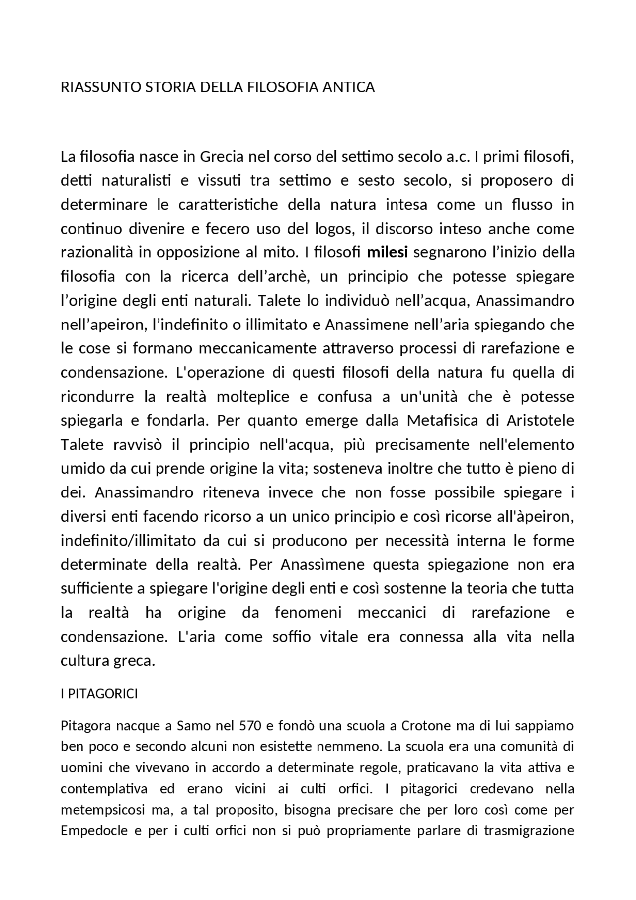 Riassunto La Filosofia Antica Docsity