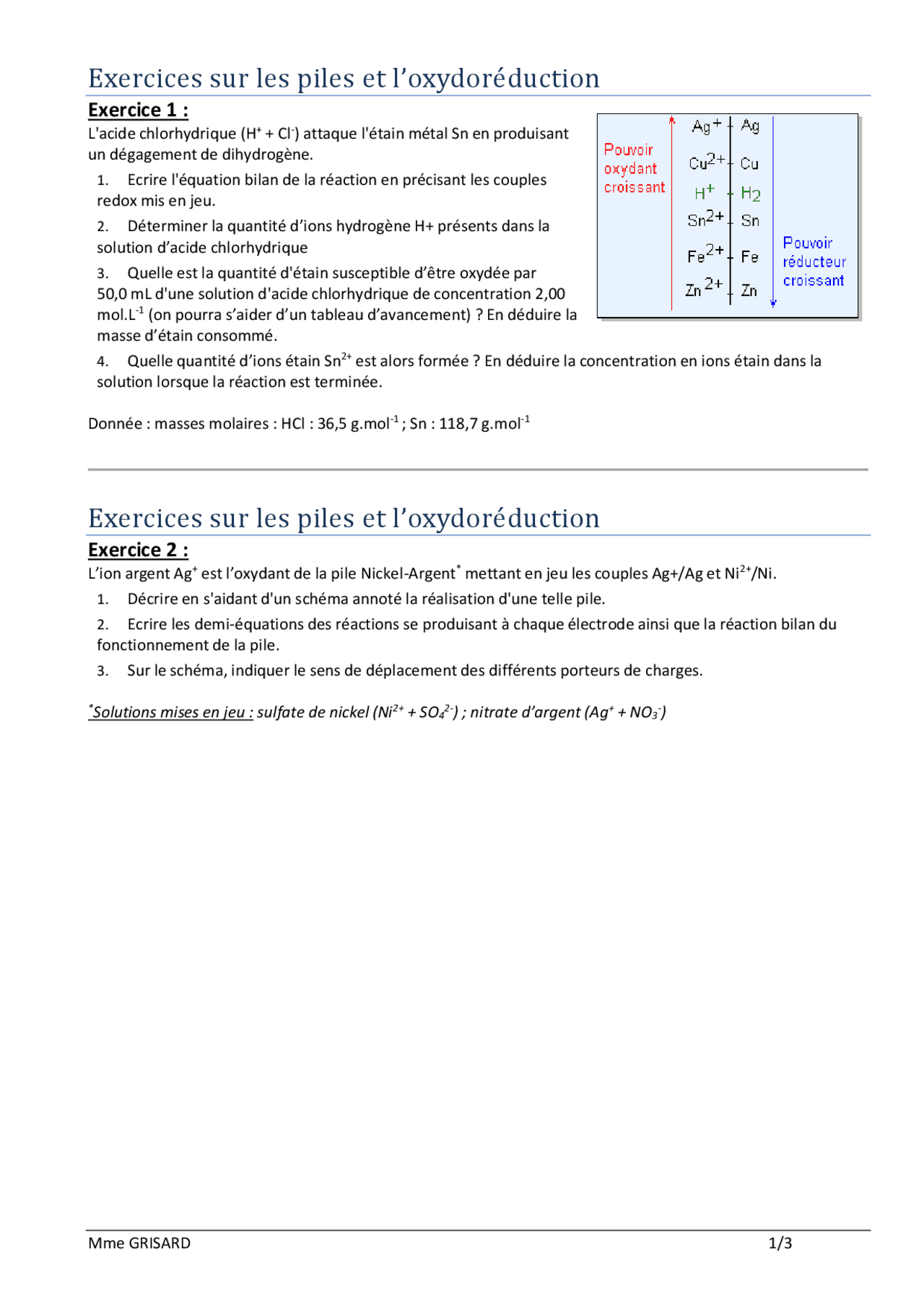 Corrige des exercices sur les piles et l’oxydore duction - Docsity
